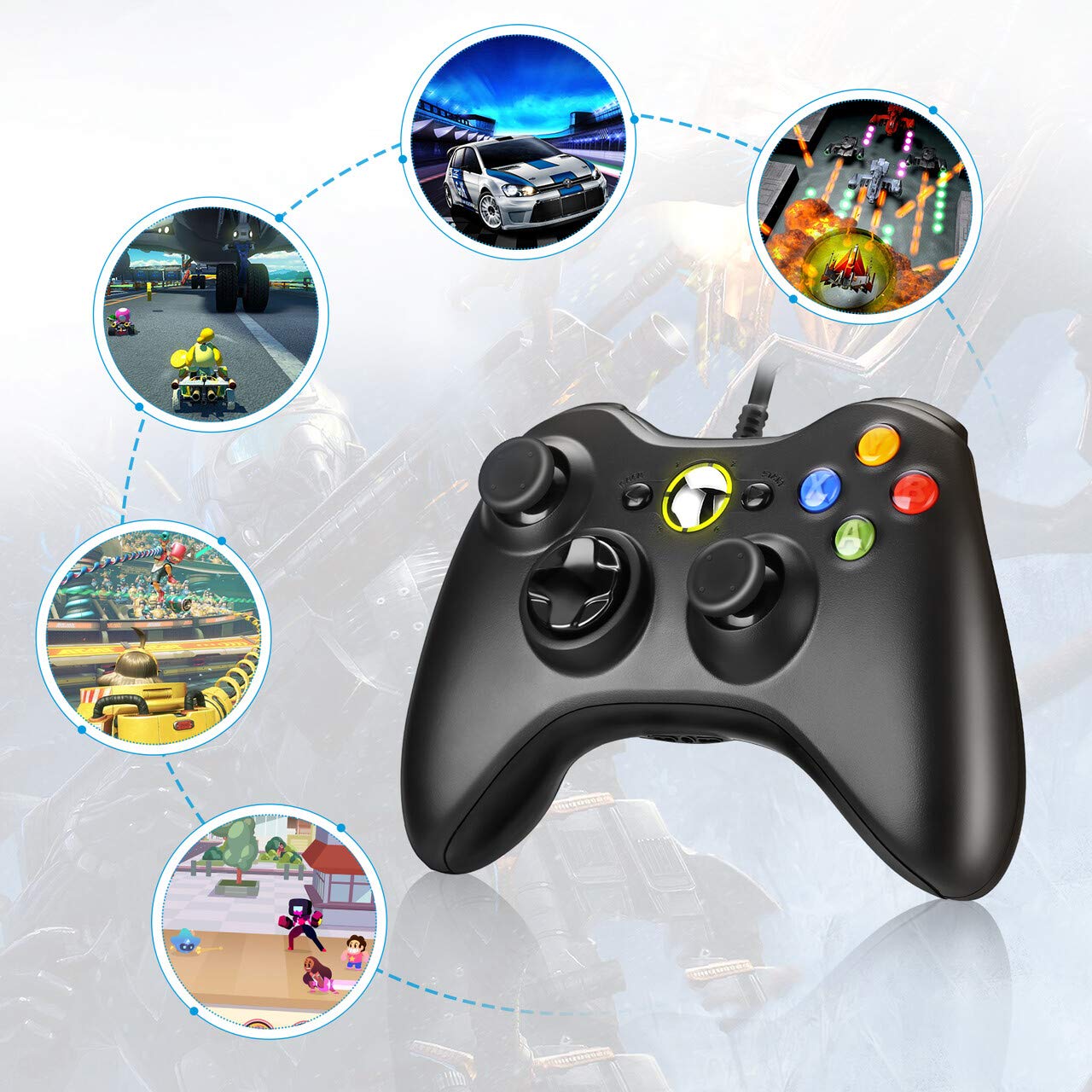 Powerextra Wired Controller for Xbox 360 - Game Controller for Microsoft Xbox 360 Xbox 360 Slim and PC Windows 7 8 10 Dual-Vibration Turbo Double Motor Wired Game Controller - Black