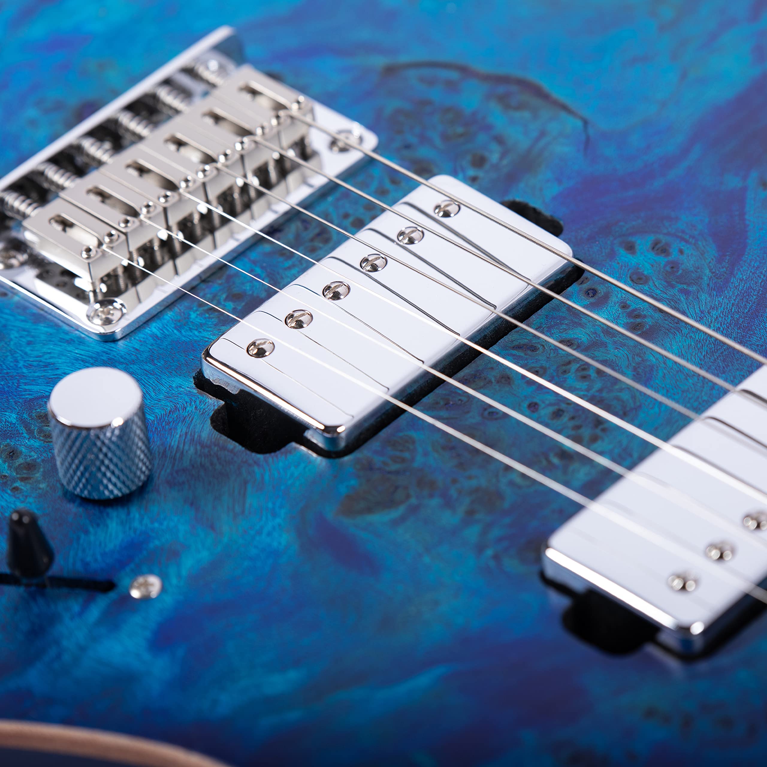 Volgoa VTL-2 Solid Body 6 String Electric Guitar, Roasted Maple Neck, Mahogany Body, Matte Burl Figure Veneer, and Coil Splitting Pickup (Blue)