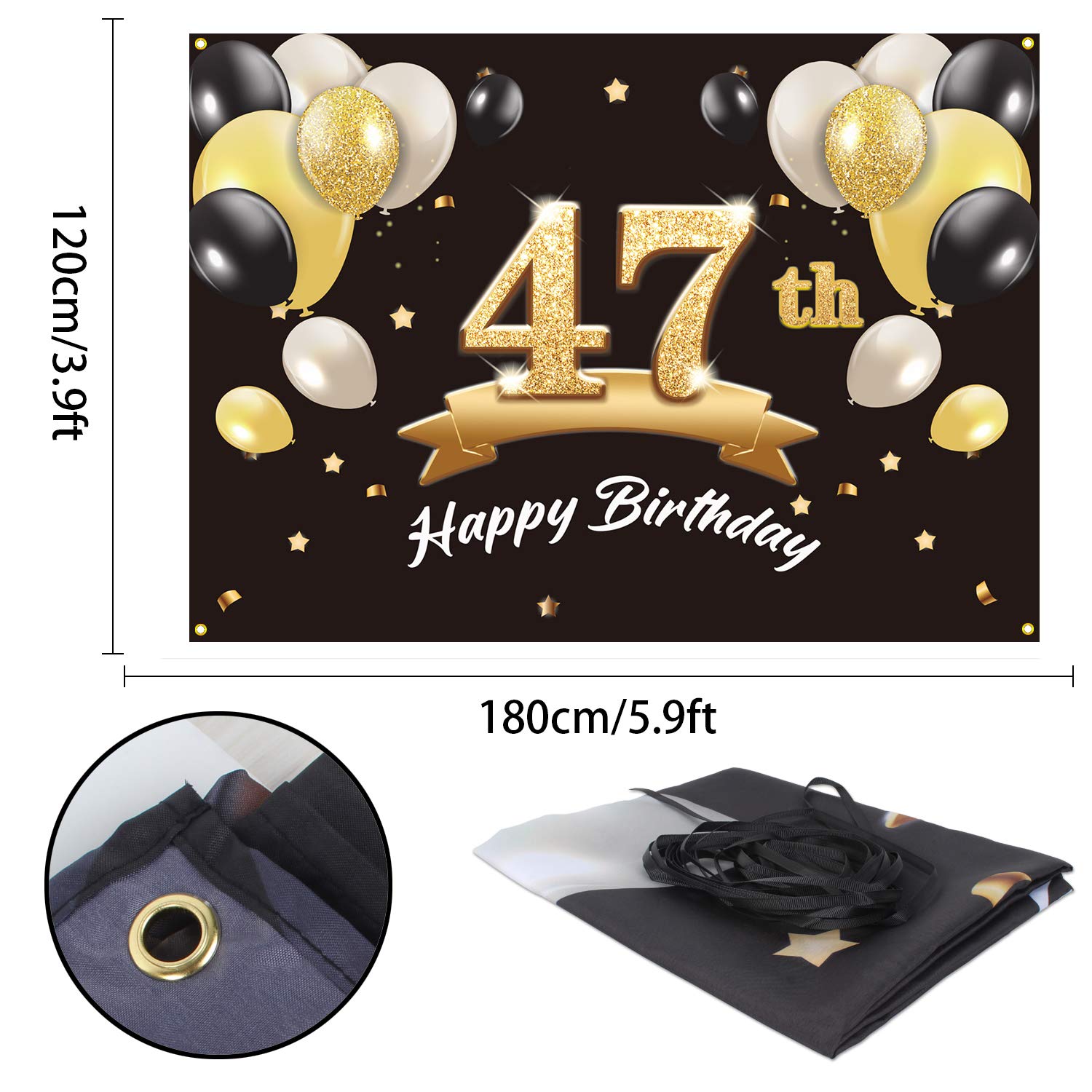 PAKBOOM Happy 47th Birthday Banner Backdrop - 47 Birthday Party Decorations Supplies for Men - Black Gold 4 x 6ft