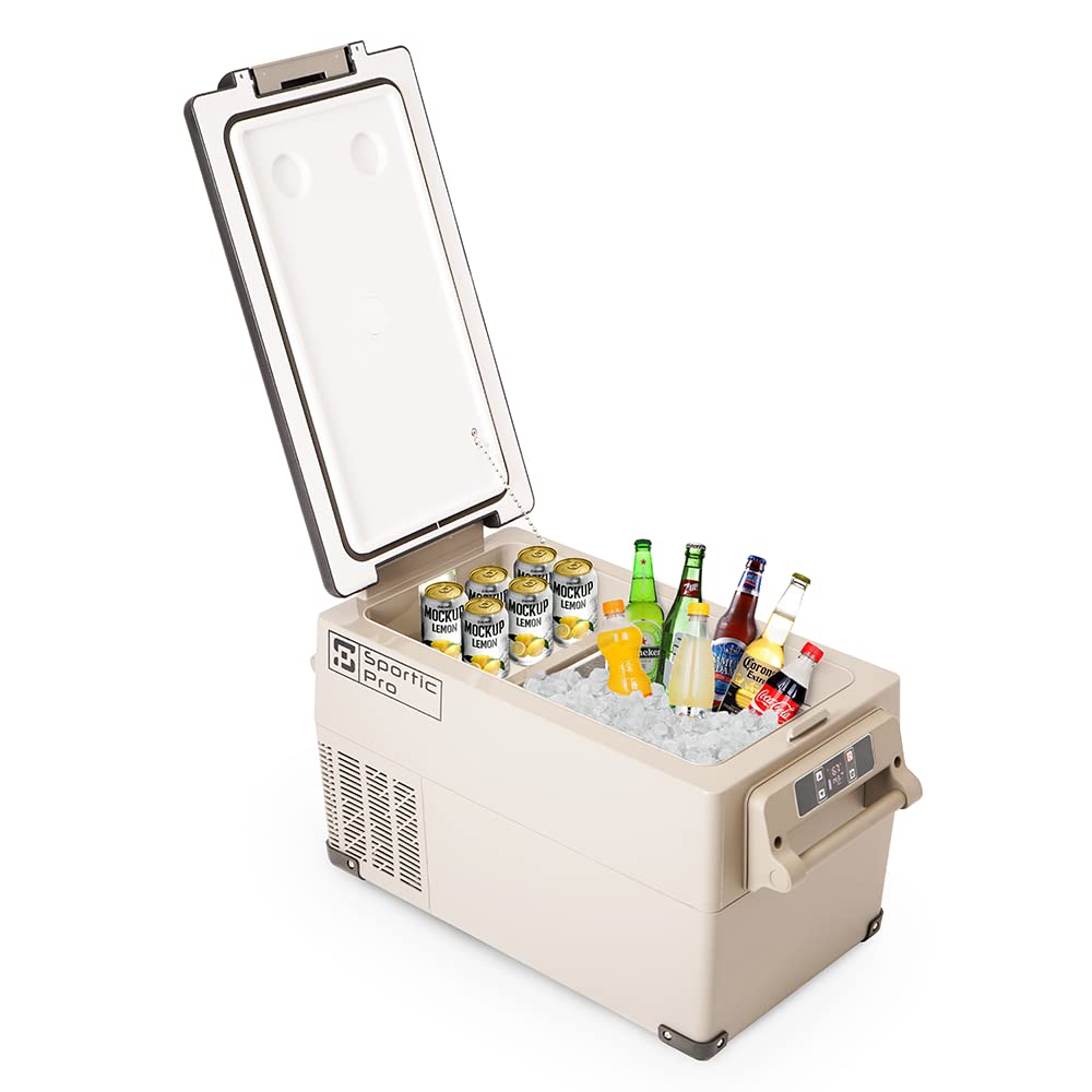 Portable Travel Refrigerator Freezer - Large Mini Fridge with (2) Temp Controlled Zones - Includes Dual Power For Camping, Boating, Traveling, Tailgating - Great For Storing Food, Drinks and Cosmetics