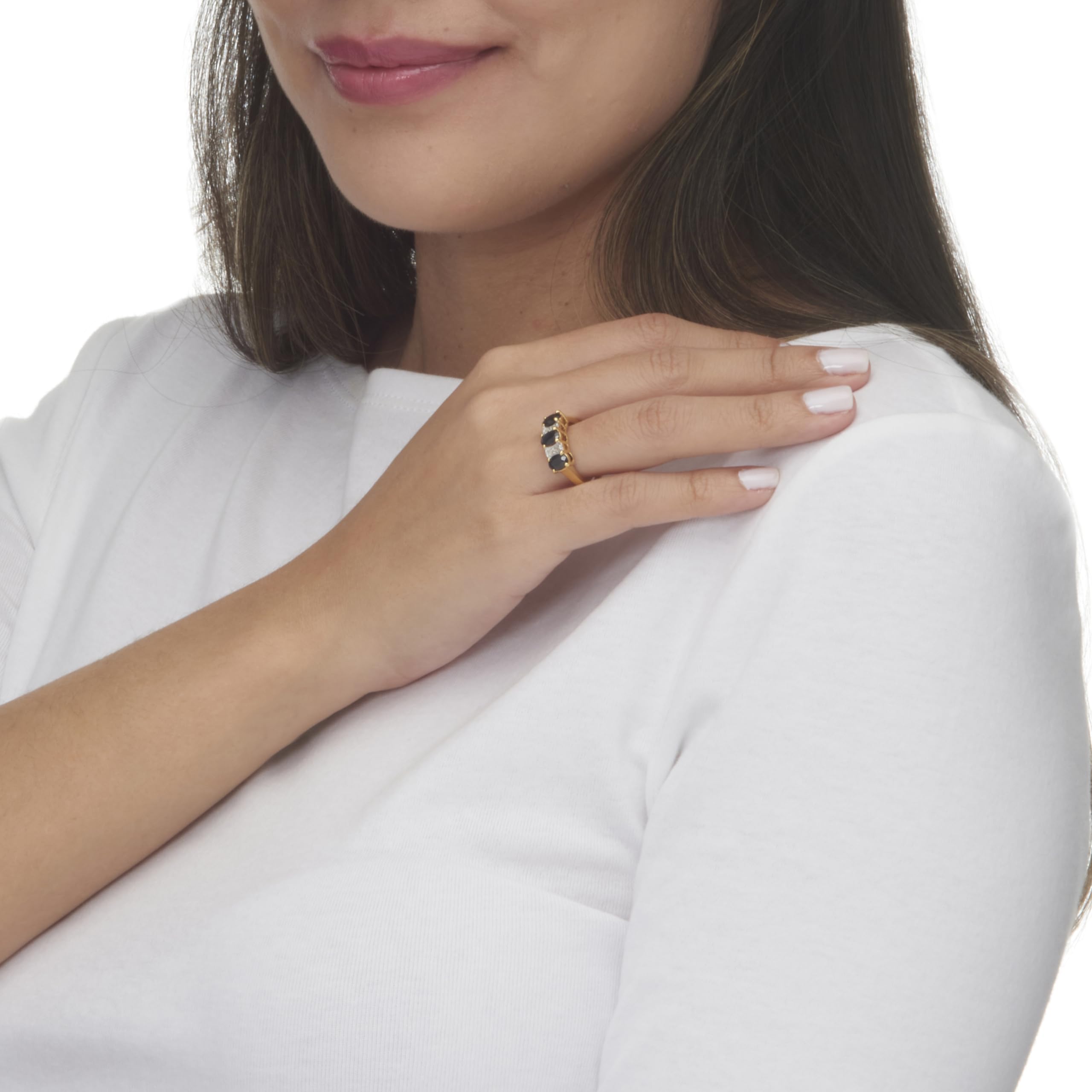 PalmBeach Yellow Gold-Plated or Platinum-Plated Sterling Silver Oval Cut Genuine Blue Sapphire and Diamond Accent Ring Size 7