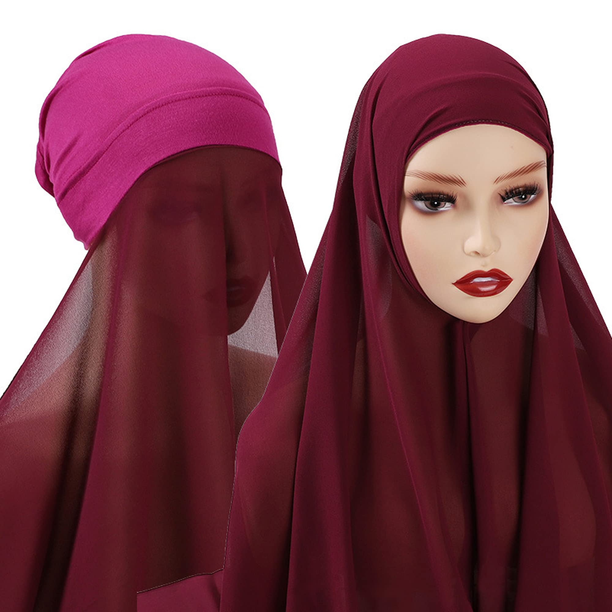 MOWEN Bubble Chiffon Scarf with Underscarf Cap for Women Hijab Muslim Lightweight 27"X70"(Rose Red)