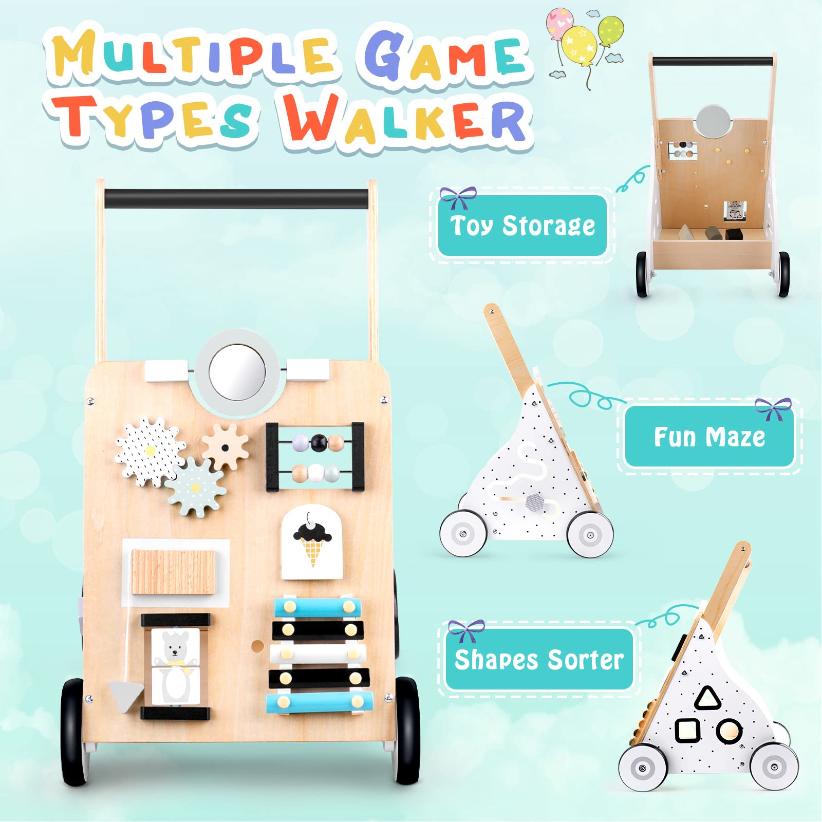 Wooden Baby Push Walker, Pull Learning Activity Walker Baby Walking Toy with Wheels Infant Walker Multiple Activities Center Toddler Walker for Boys and Girls
