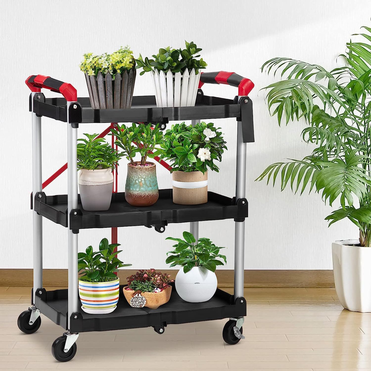 Portable Folding Service Cart, 3-Tier Fold Up Rolling Cart, Collapsible Push Cart with Wheels, 56 Lbs Load Capacity per Shelf Folding Utility Carts for Home/Office/Warehouse