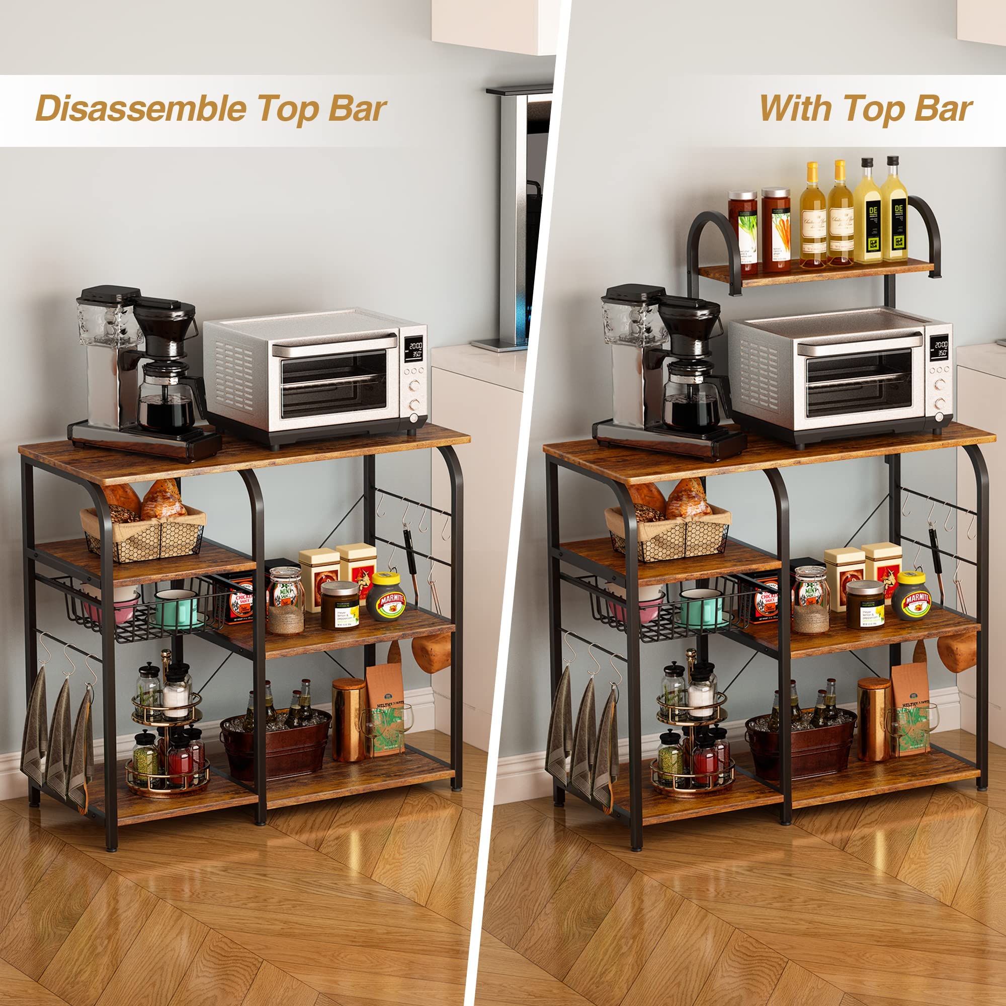 Mr IRONSTONE Bakers Rack Microwave Stand Kitchen 35.5" Microwave Cart 3-Tier+4-Tier Kitchen Shelves for Spice Organizer Coffee Station with 10 Hooks, Easy to Assemble (Vintage), 90 × 40 × 131 cm