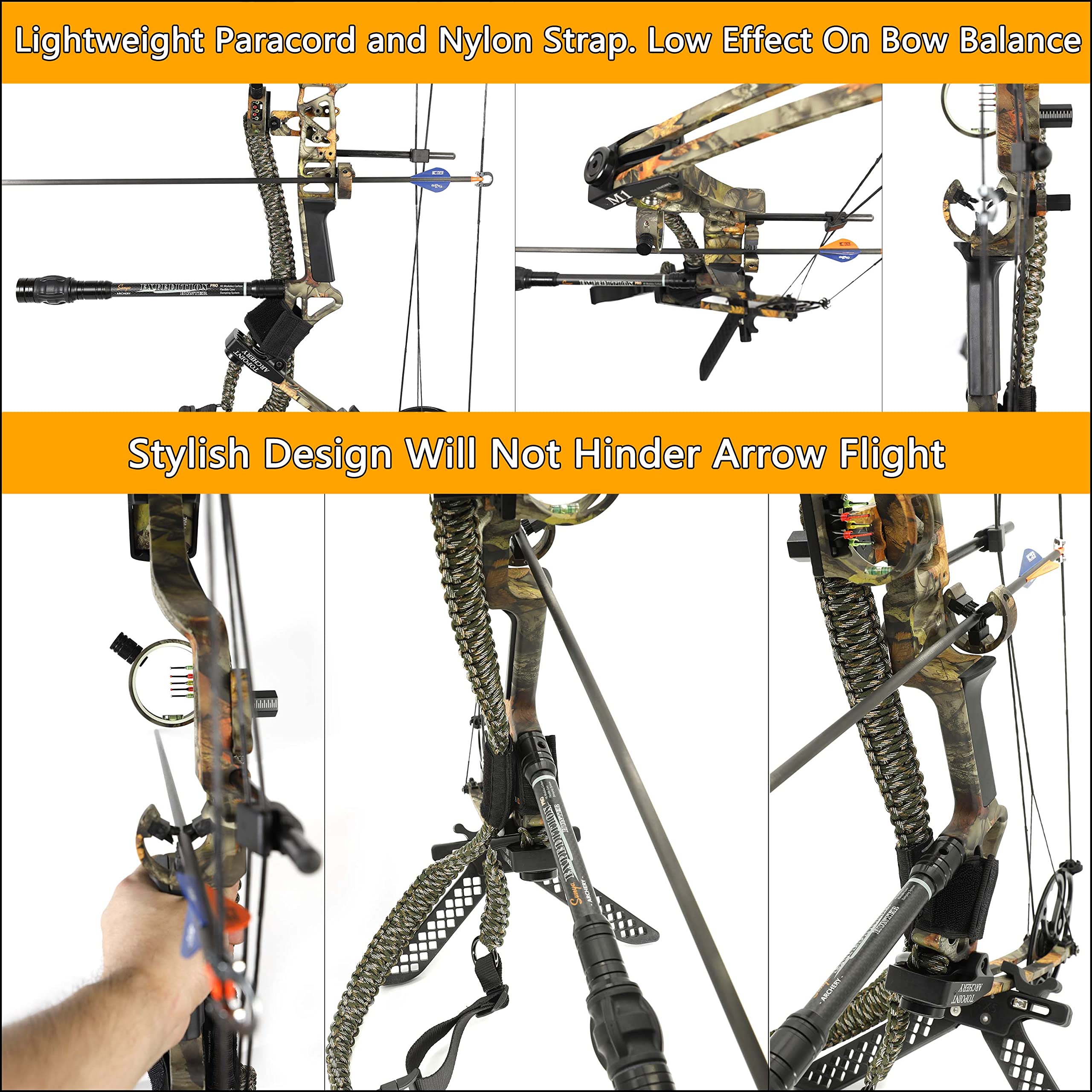 Sunya Paracord Compound Bow Sling with V2 Upgraded Magnetic Connection System. Lightweight Hands Free Shoulder Carrying Sling for Bow Hunting, Field Archery and 3D(Blackout)
