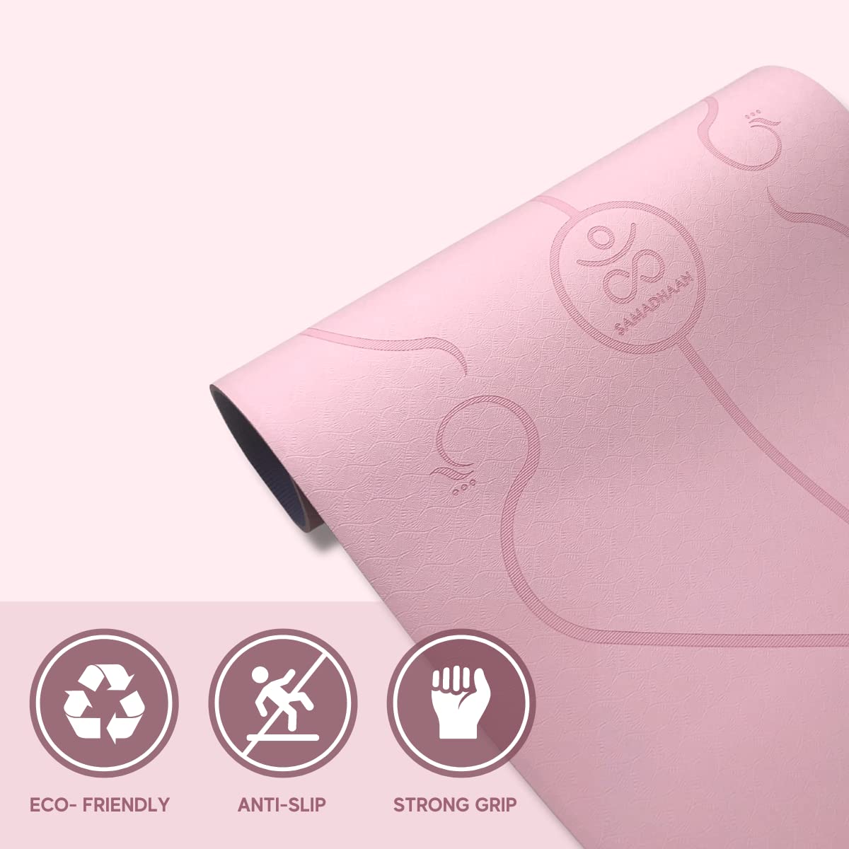 TPE Yoga Mat with Body Alignment Lines | Yoga Mat with Mesh Storage Bag, Carrier Sling and Yoga Poster (Pink)