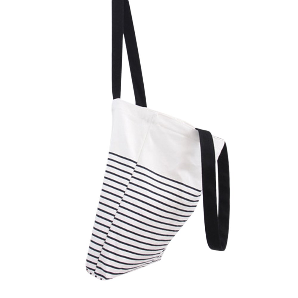 Nuni Black Stripe Pattern Canvas Tote Bag Shoulderbag White, Black Handles, Medium