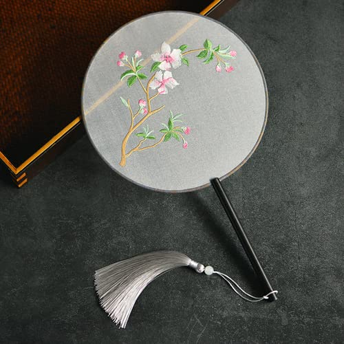 YUANLE Hand Fan Folding Fan Chinese Style Classical Ancientry Long Handle Double Sided Embroidery Machine Embroidery Circular Fan Han Chinese Clothing (Color : Begonia)