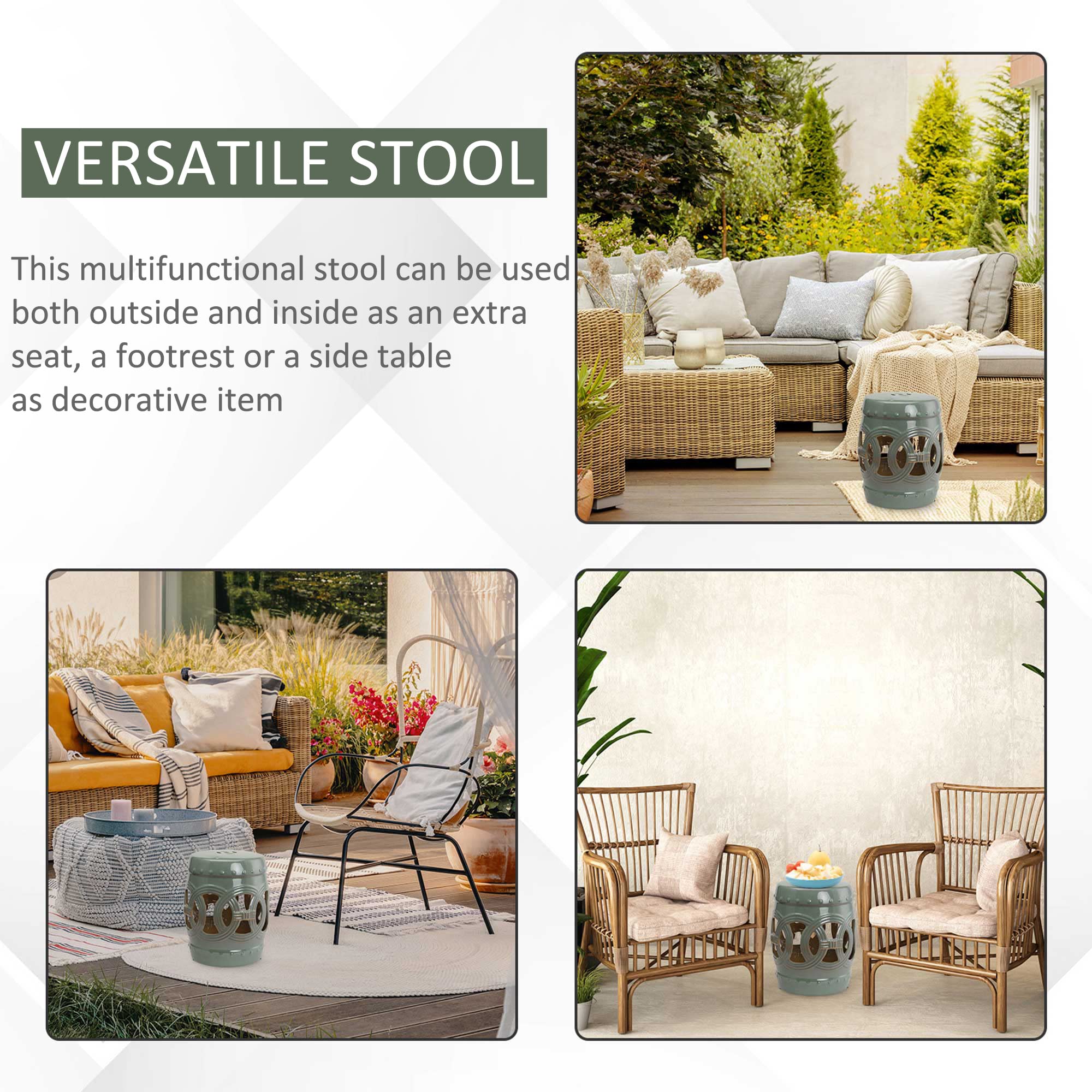 Outsunny 14" x 17" Ceramic Garden Stool with Double-Coin Knotted Ring Design & Strong Glazed Material, Decorative End Table, Home Collection, Antique Blue