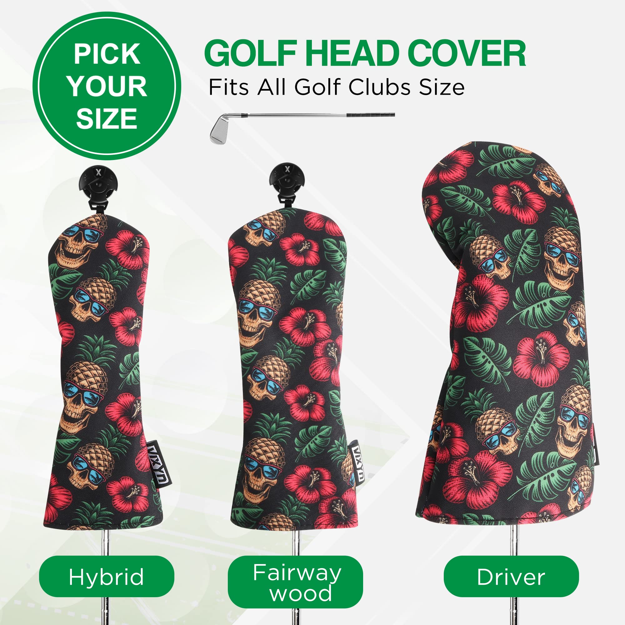 VIXYN Golf Headcovers - Golf Head Covers for Driver, Fairway Woods and Hybrid - Driver Headcover to Fit All Golf Clubs (Pineapple Skull - Driver)