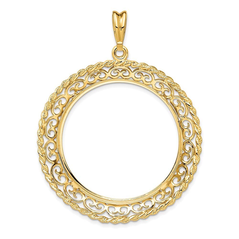 Roy Rose Jewelry Gold Coin Pendant Mounting - 32.7mm Coin Size - Scrollwork Filigree with Rope Edge Frame Design - 14K Yellow Gold - Prong Set with Bail