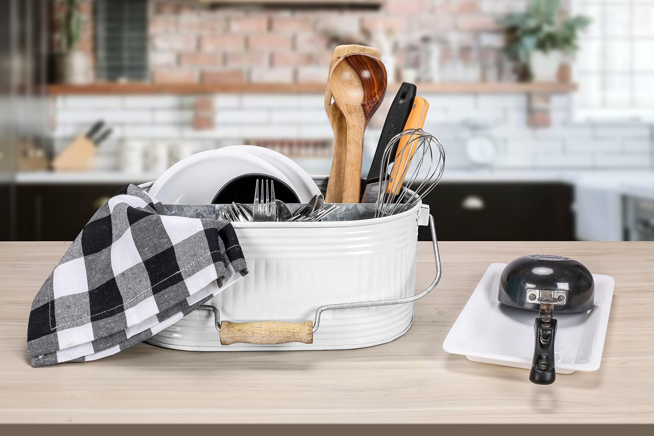 Utensil Caddy, Silverware Caddy Party, Silverware Caddy, Picnic Caddy, Flatware Caddy, Paper Plate Caddy, Galvanized Utensil Caddy, Metal Caddy, Outdoor Utensil Caddy - 13.5 Inches - Salt White/Grey
