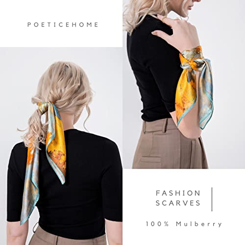 PoeticEHome 100% Real Mulberry Silk Women Small Square Neck Scarfs 21" Lightweight Neckerchief Printed Headscarf Gift Packed (U1 - Painting)