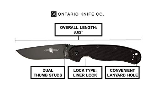 Ontario Knife Company 8846 Rat-1 Black Coated AUS-8 Stainless Steel 3.6 in Plain Edge Blade Nylon Handle 4-Position Reversible Clip Folding Knife for Outdoor, Tactical, Survival & EDC (Black)