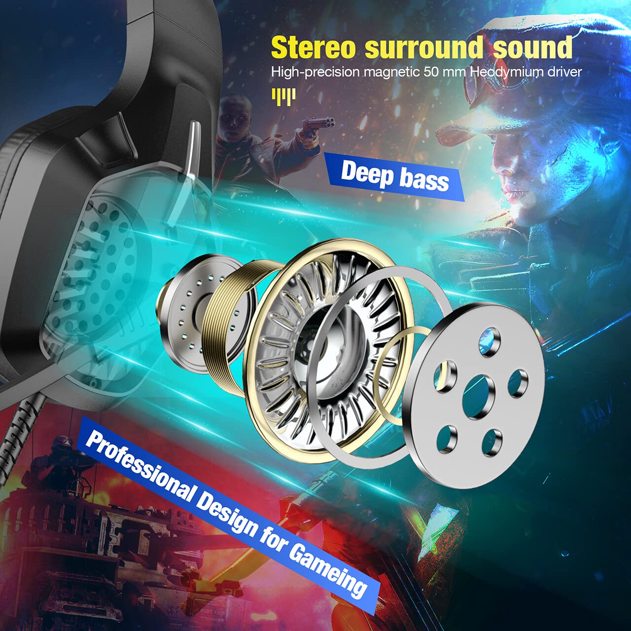 Powerextra Gaming Headset for PC, Over Ear Headphones with Noise Cancelling Microphone LED Light, Mic, Volume Control, Soft Memory Earmuffs for Laptop Mac Nintendo PS4 PS5 Xbox One Controller