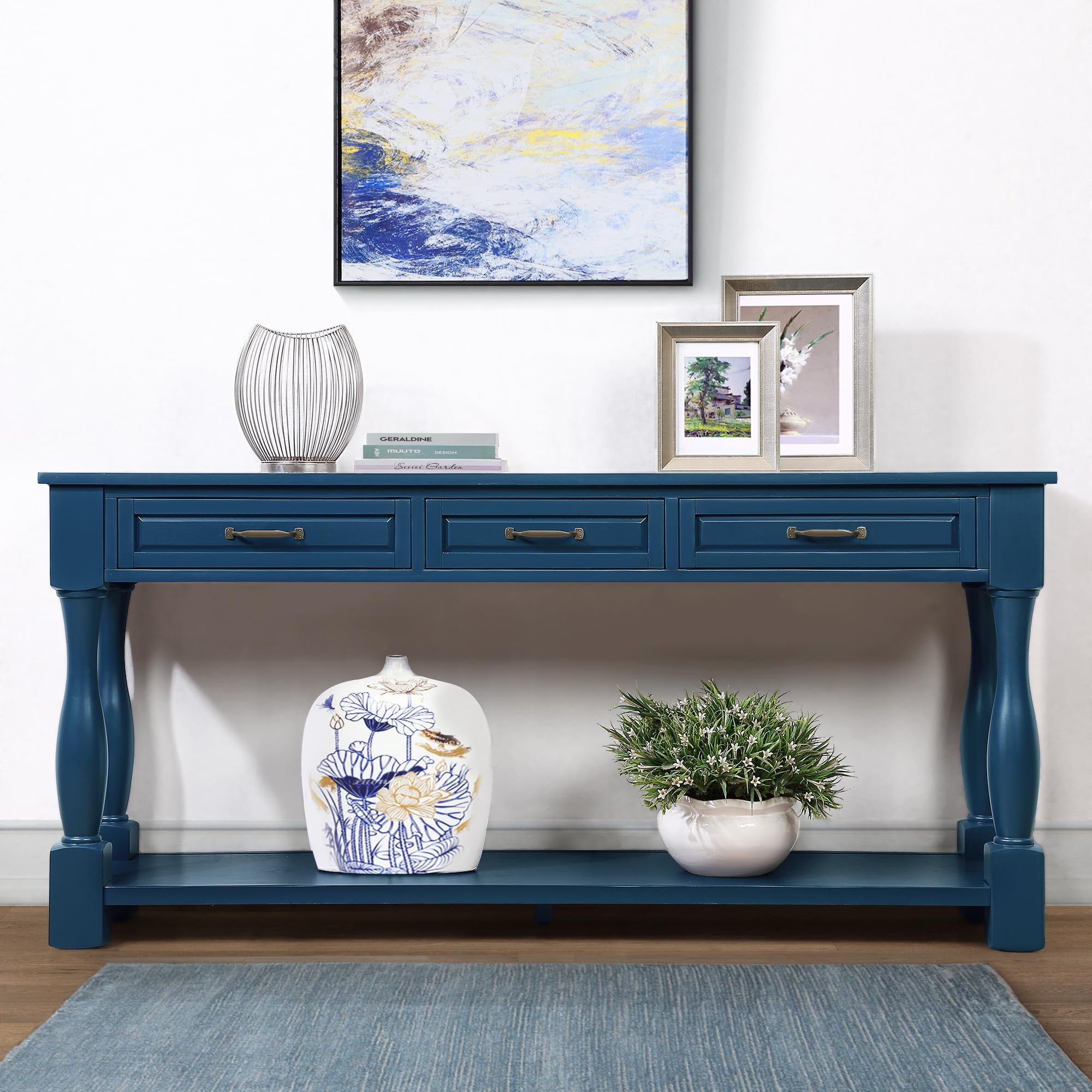 P PURLOVE Console Table for Entryway 64" Wood Sofa Table with Storage Drawers and Bottom Shelf for Hallway Living Room (Distressed White)