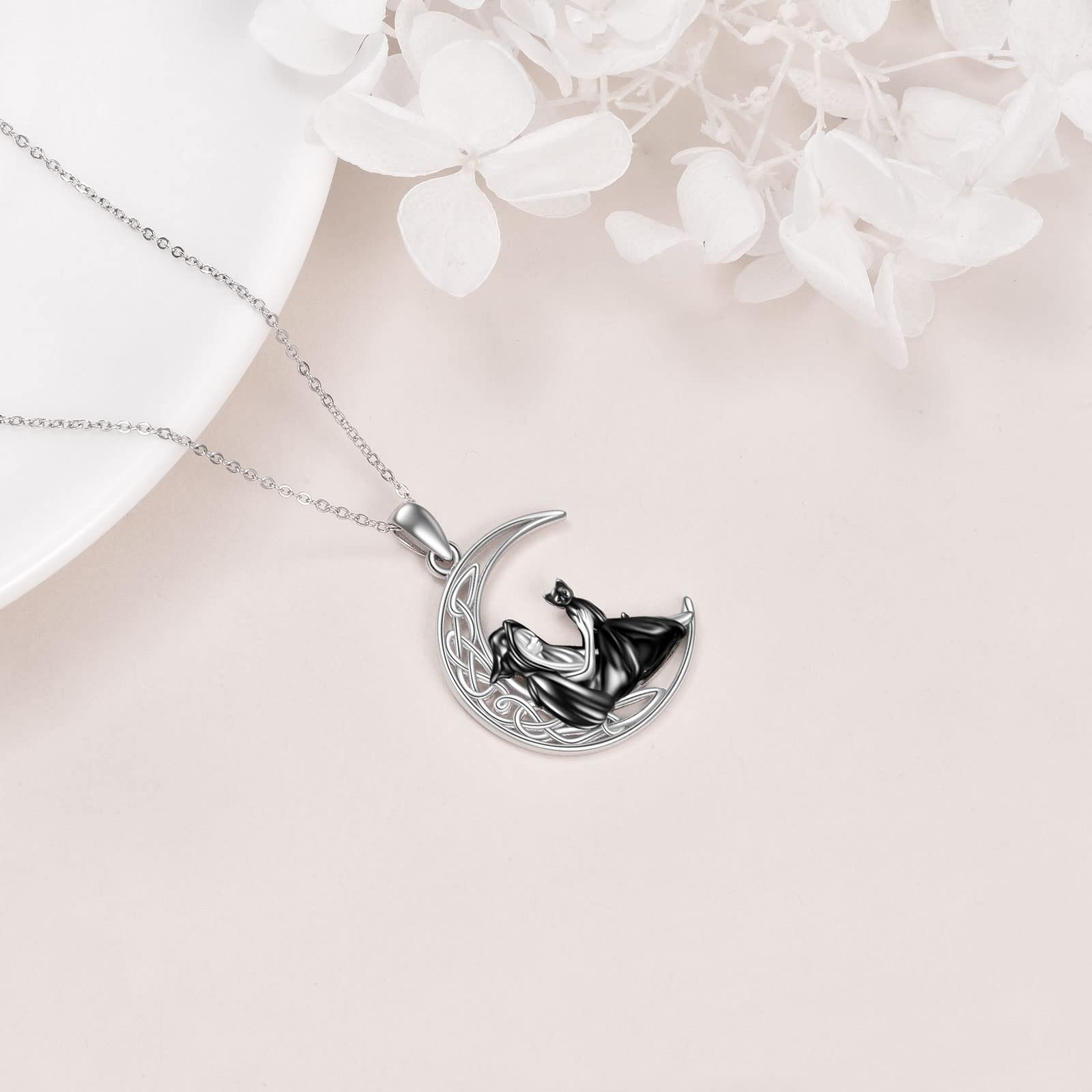 URONE Witch Necklace Sterling Silver Witch and Black Cat Celtic Moon Pendant Halloween Jewelry for Women