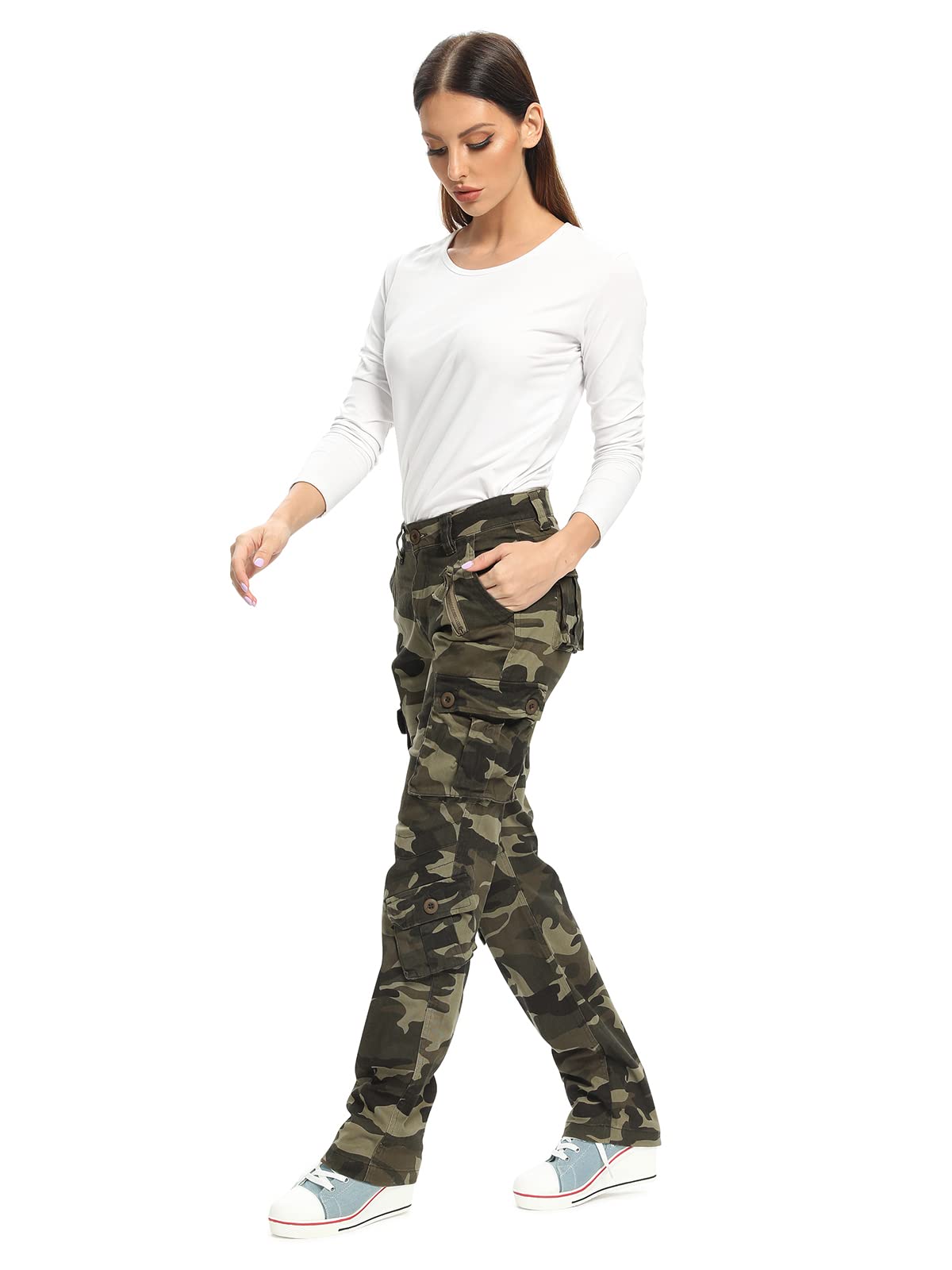 OCHENTA Camouflage Cargo Pants for Women Stretch Combat Tactical Army Military Casual Work Travel with 8 Pockets Camo 169 Size 4