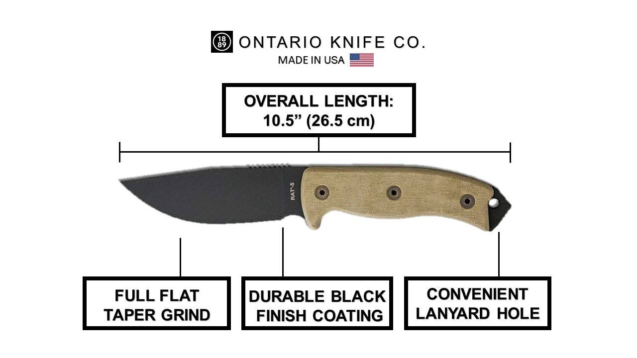 Ontario Knife Company 8667 RAT-5, Plain Edge with black Nylon Sheath, One Size