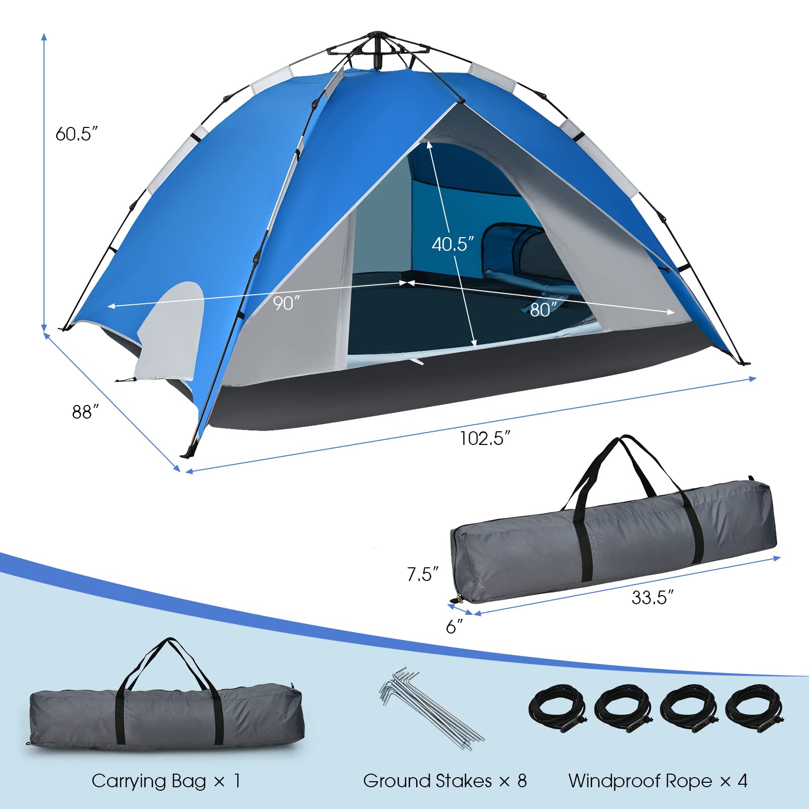 Tangkula 4 Person Pop up Camping Tent, 2-in-1 Portable Backpacking Tent with Removable Rainfly, Carry Bag, 2 Mesh Windows, 2 Doors, Family Dome Tent for Camping Hiking Mountaineering