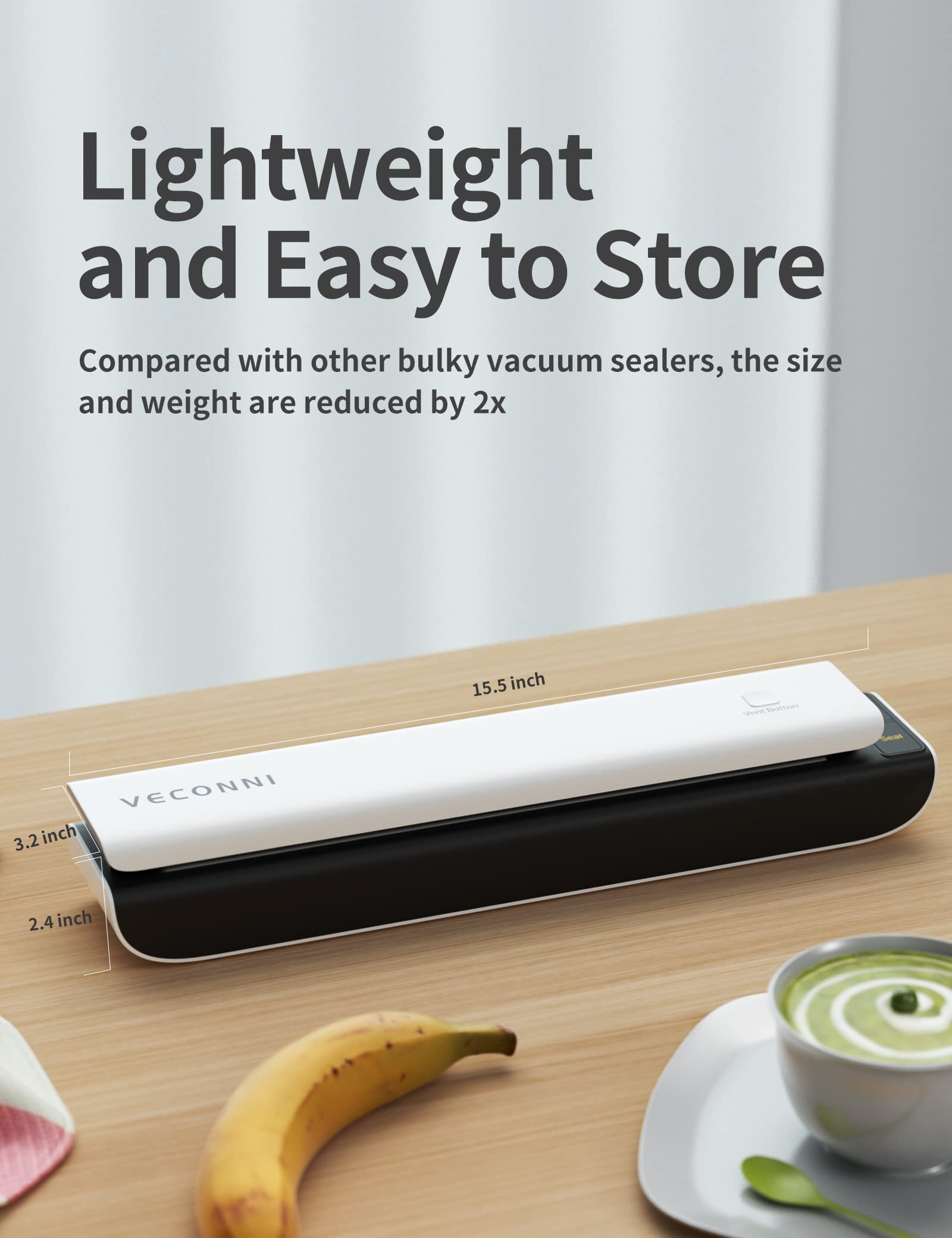 VECONNI Vacuum Sealer Machine, Automatic Vacuum Sealers for Food Storage, 12s Fast & Continuous Sealing, Smart Heating Strip & Pump, 10 Bags Included, 15.5x3.2x2.4 inches, VS20