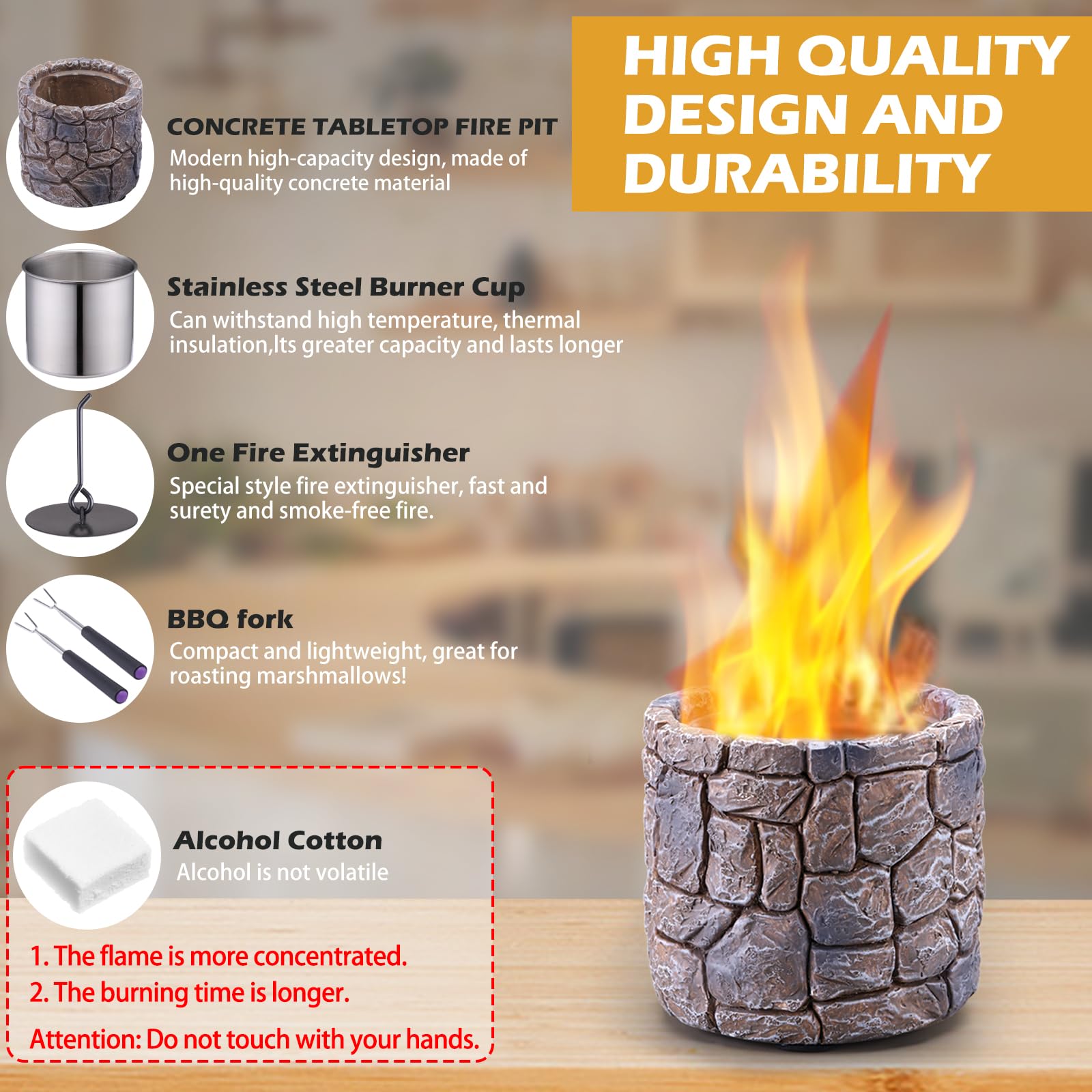neexan Table top Fire Pit, Concrete Mini Fire Pit, Indoor Fire Pit Tabletop, Alcohol Ethanol Table Top Firepit, Long Burning, for Smores Maker Indoor & Outdoor Garden Decor