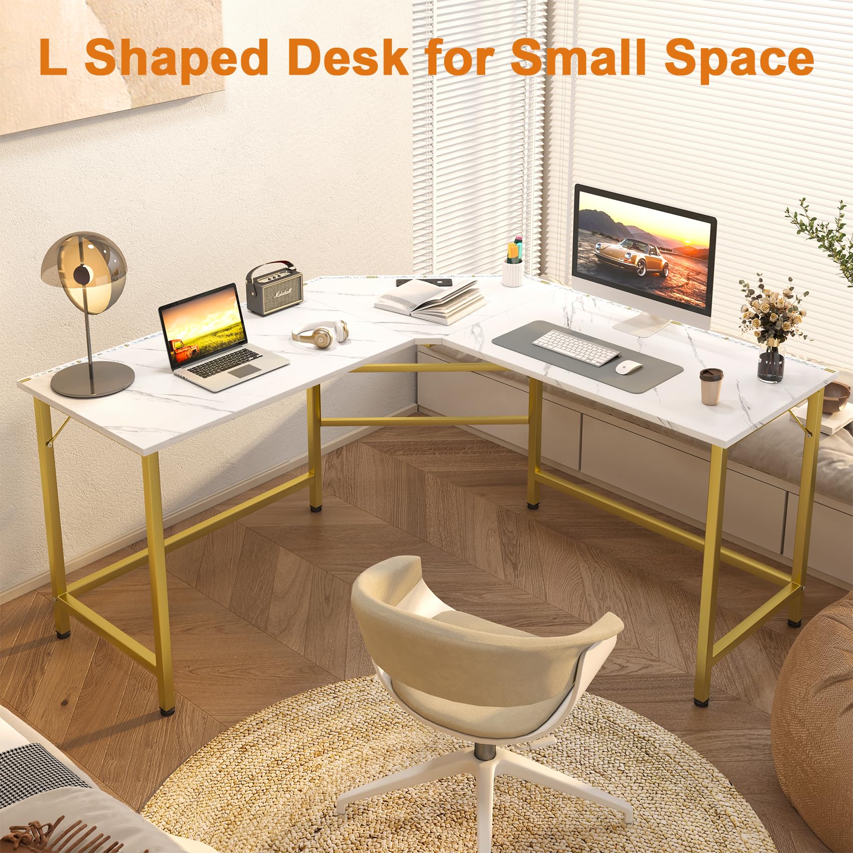 Mr IRONSTONE L Shaped Gaming Desk with LED Lights and Power Outlets 59 Inch Computer Desk with Large Desktop Space Saving Home Office Writing Desk White Marble