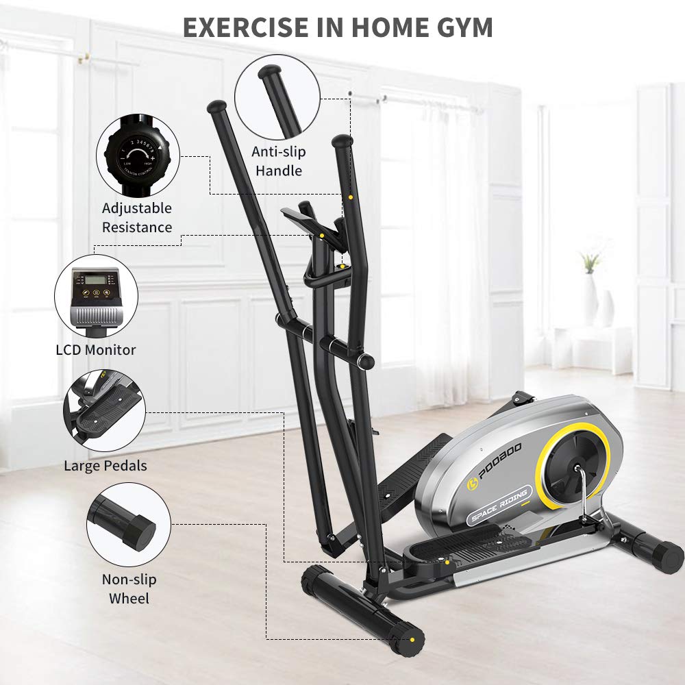 pooboo Elliptical Trainer Magnetic Elliptical Machines for Home Use Portable Elliptical Trainer with Pulse Rate and LCD Monitor (Primrose)