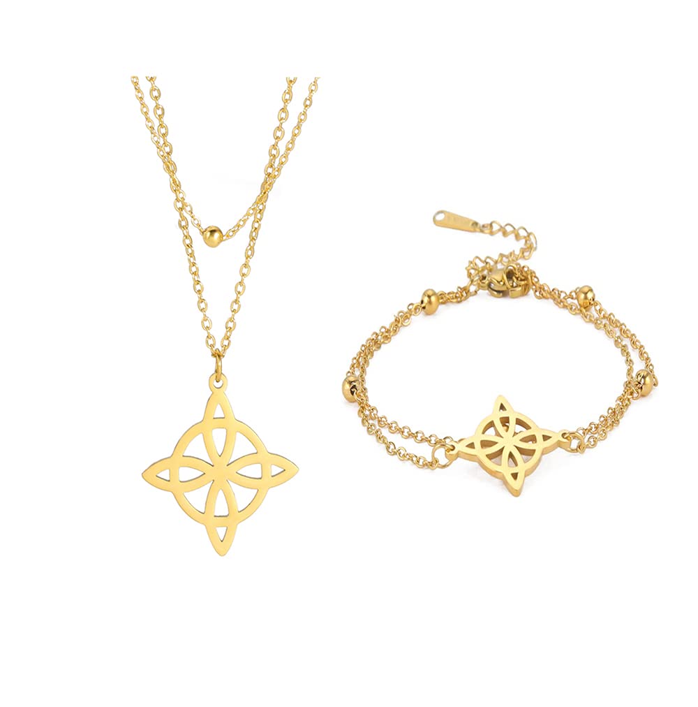 Witches Knot Bracelet For Women Stainless Steel Celtic Knot Wiccan Symbol Layered Bracelet Unique Charm Adjustable Double Layer Bracelet Jewelry Gifts (gold 3, Stainless Steel)