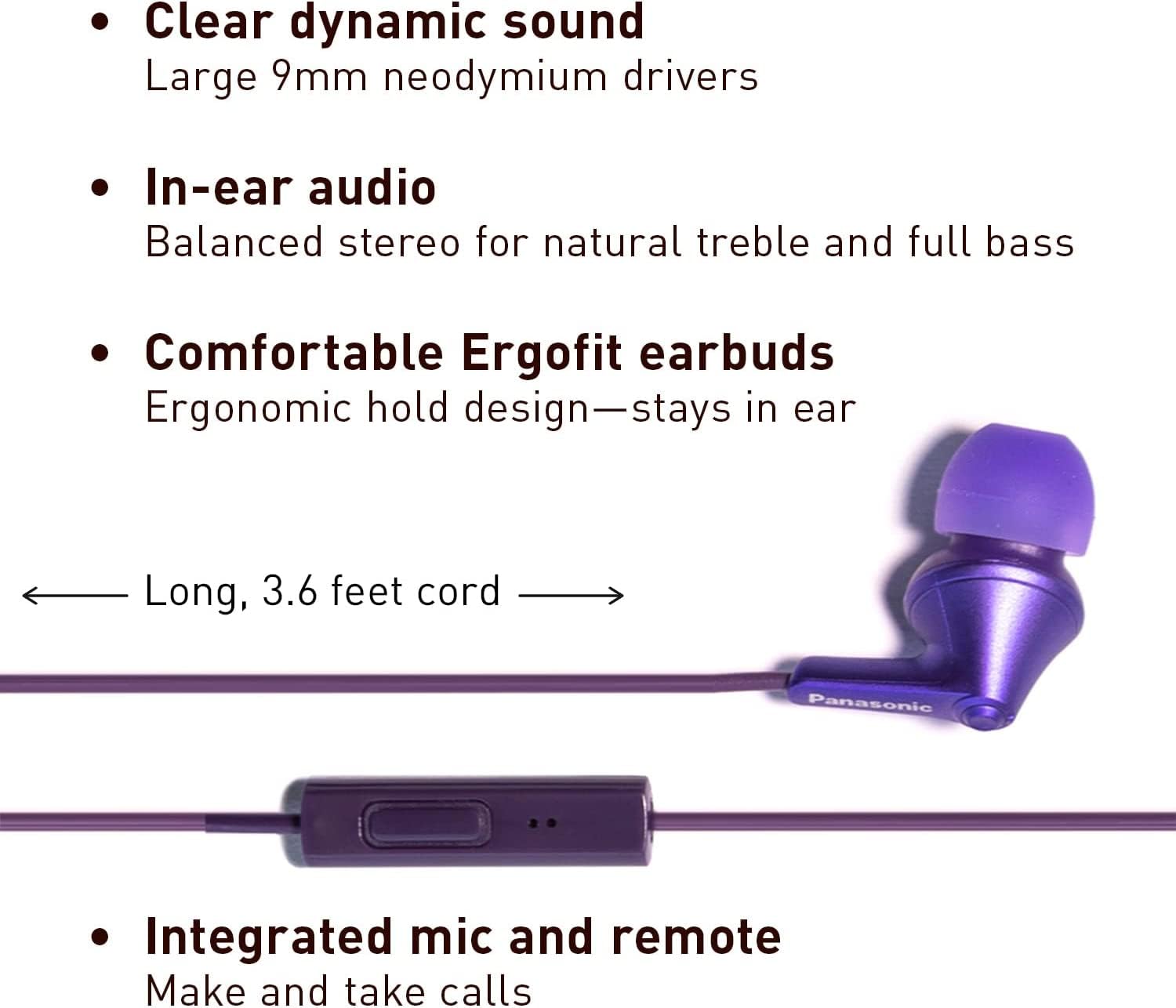 Panasonic ErgoFit Wired Earbuds, In-Ear Headphones with Microphone and Call Controller, Ergonomic Custom-Fit Earpieces (S/M/L), 3.5mm Jack for Phones and Laptops - RP-TCM125-VA (Metallic Purple)