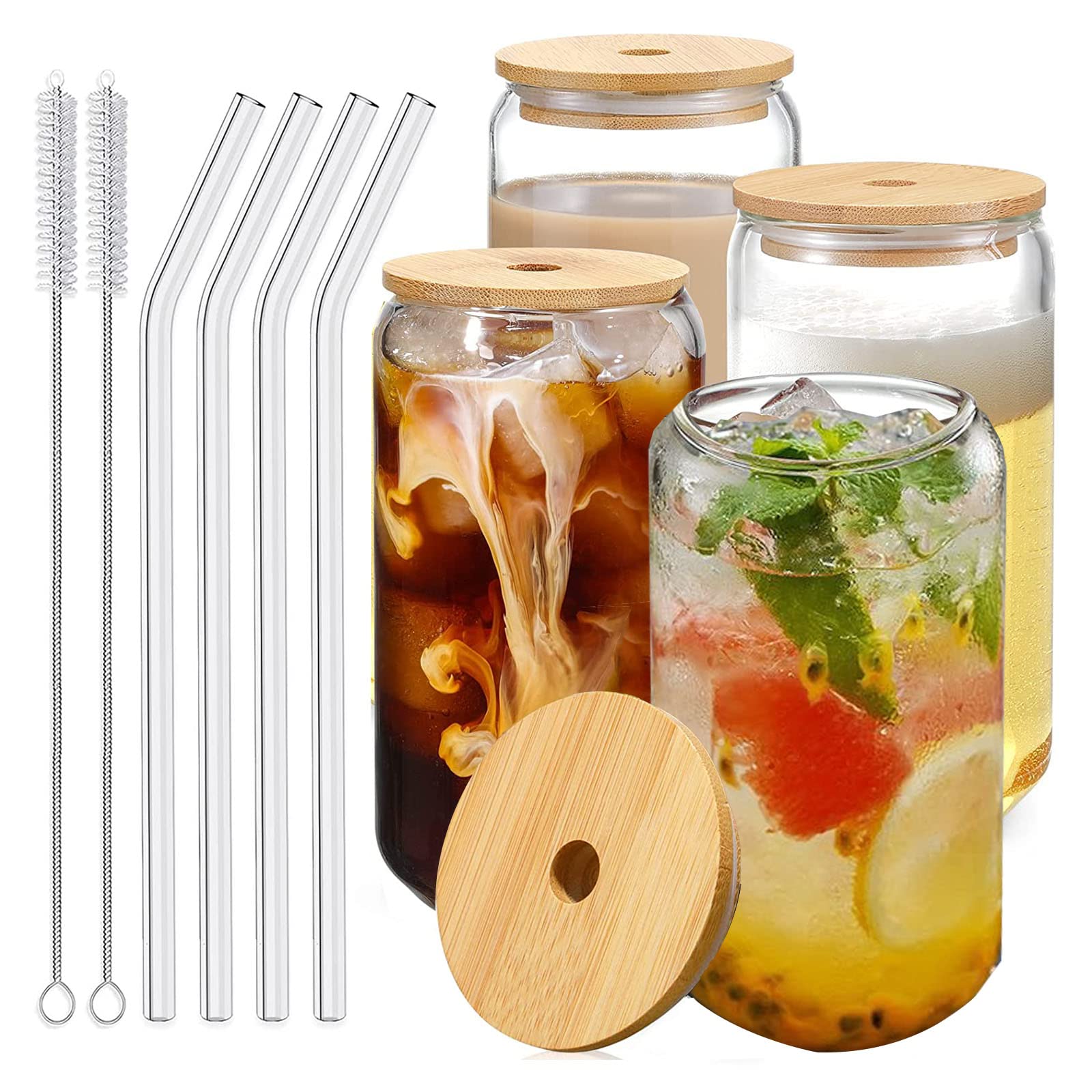 Sohapy Drinking Glasses 4pcs Set, Can Shaped Cups with Bamboo Lids and Glass Straw, 16oz Beer Glasses, Tumbler Cup, Wine Whiskey Cups Iced Coffee Glasses, Ideal for Cocktail, Gift - 2 Cleaning (4)