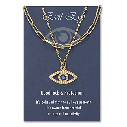 PPJew Layered Evil Eye Necklace 18K Gold Plated Blue Third Eye Layering Chocker Necklace Protection Mal De Ojo Nazar Amulet Jewelry Gift for Women Mother（Gold）
