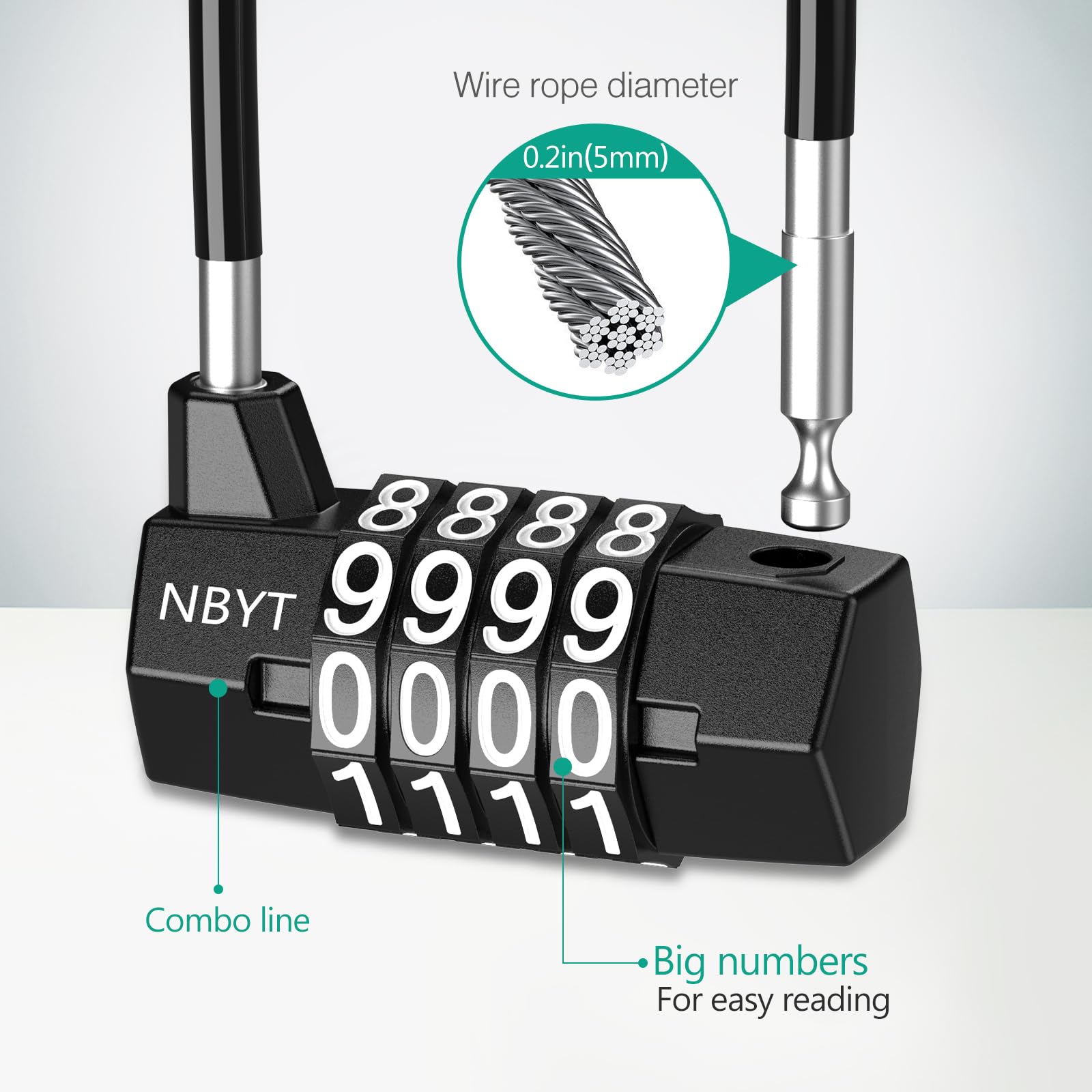 ORIA Cable Locks with Combination, 4 Digit Combination Padlock, Long Shackle Lock, Flexible Steel Cable Rope, Cabinet Lock, School Locker, Black