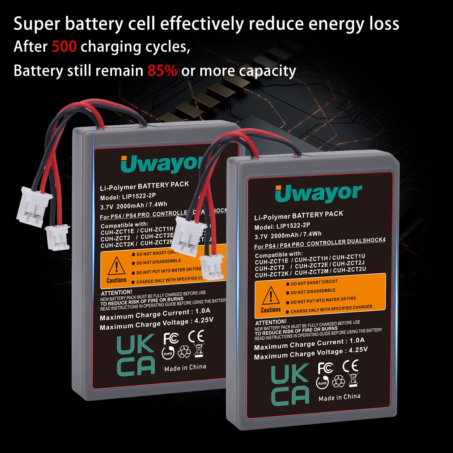 Uwayor 2-Pack 2000mAh PS4 Replacement Battery for Sony PS4 and PS4 pro Controller Dualshock 4 with Installation Tools