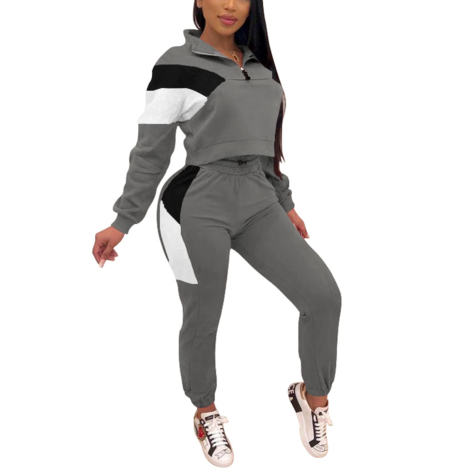 Nimsruc Womens 2 Piece Tracksuit Long Sleeve Casual Patchwork Pullover Pants Set Blue L
