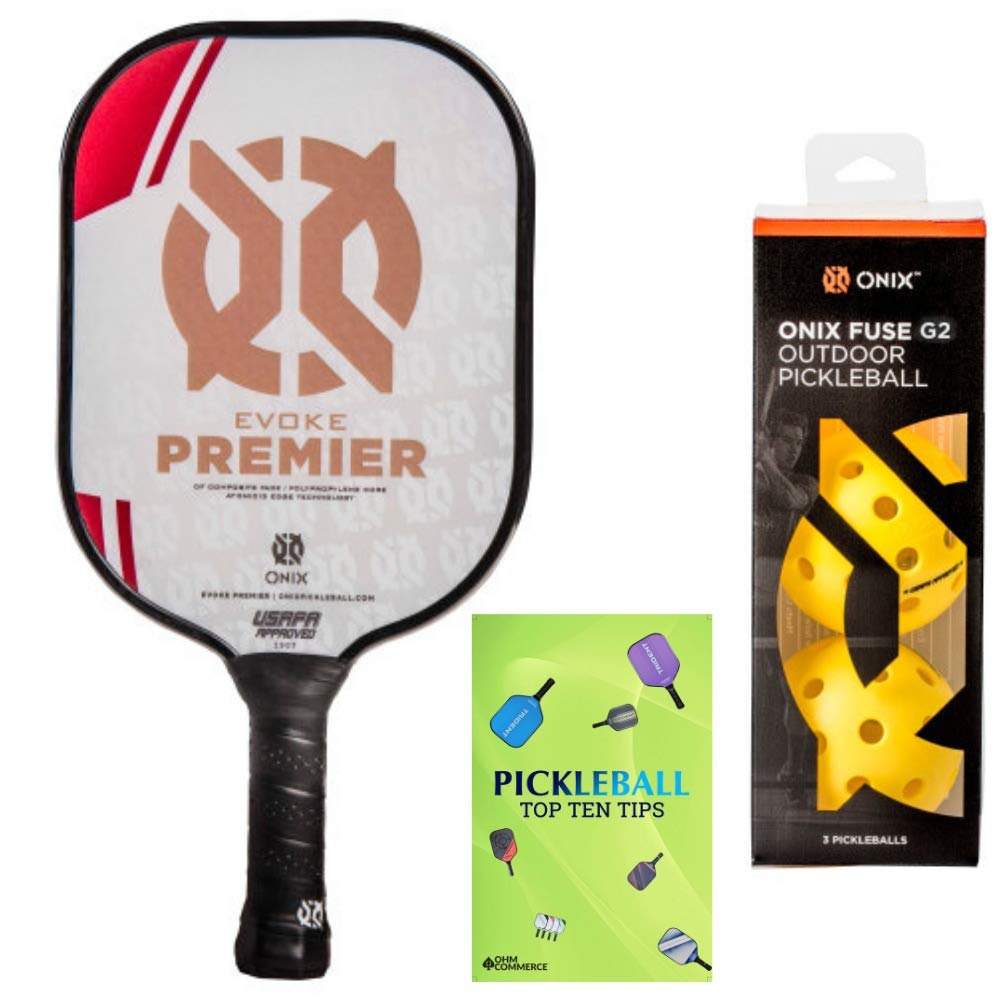 Onix Evoke Premier Pickleball Paddle & 3-Pack Fuse G2 Pickleball Balls & Free Pickleball Tips - Pickleball Set for Beginner and Pro Level Players (Standard Weight 7.8oz - 8.2 oz, Red)