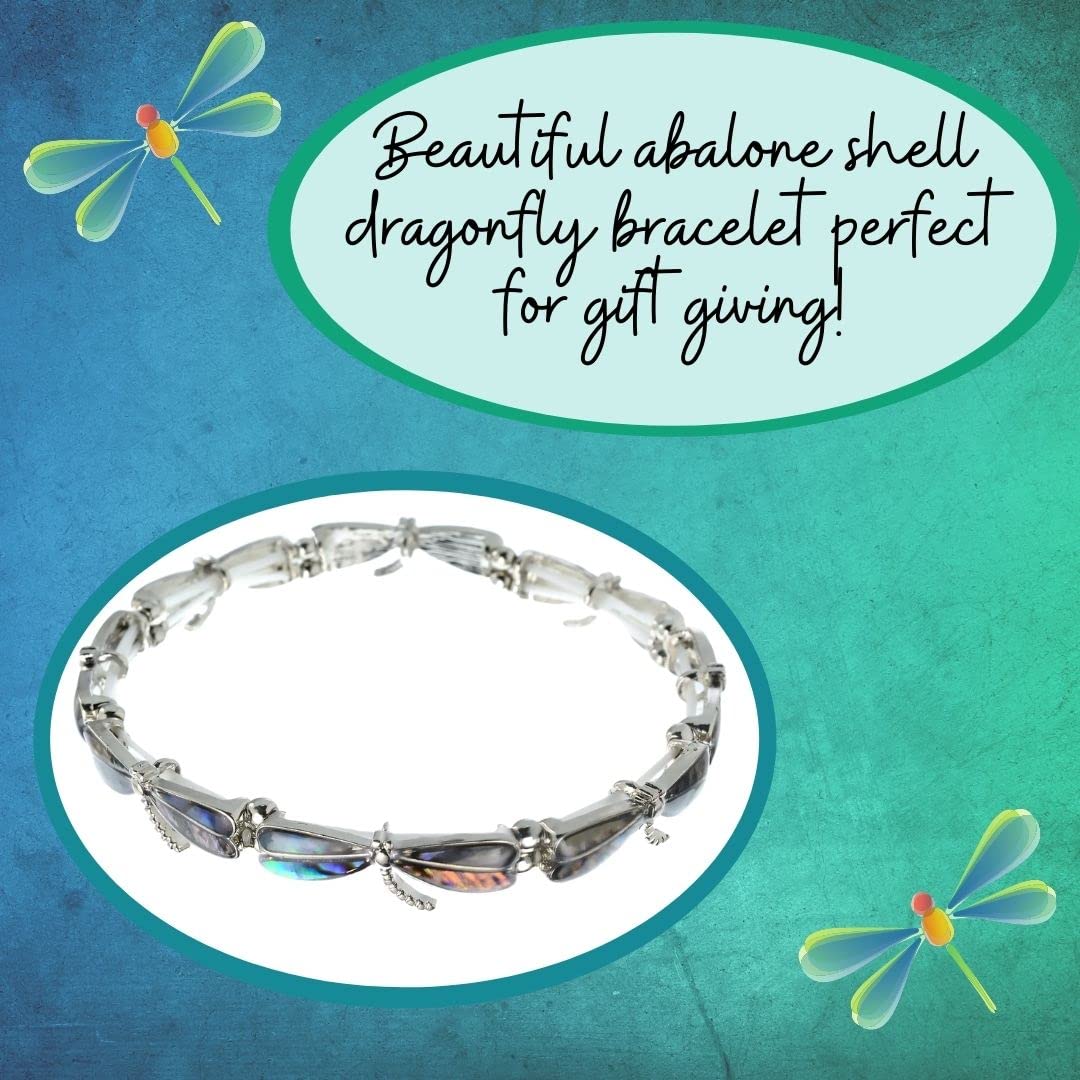 PammyJ Thin Dragonfly Abalone Silvertone Stretch Bracelet