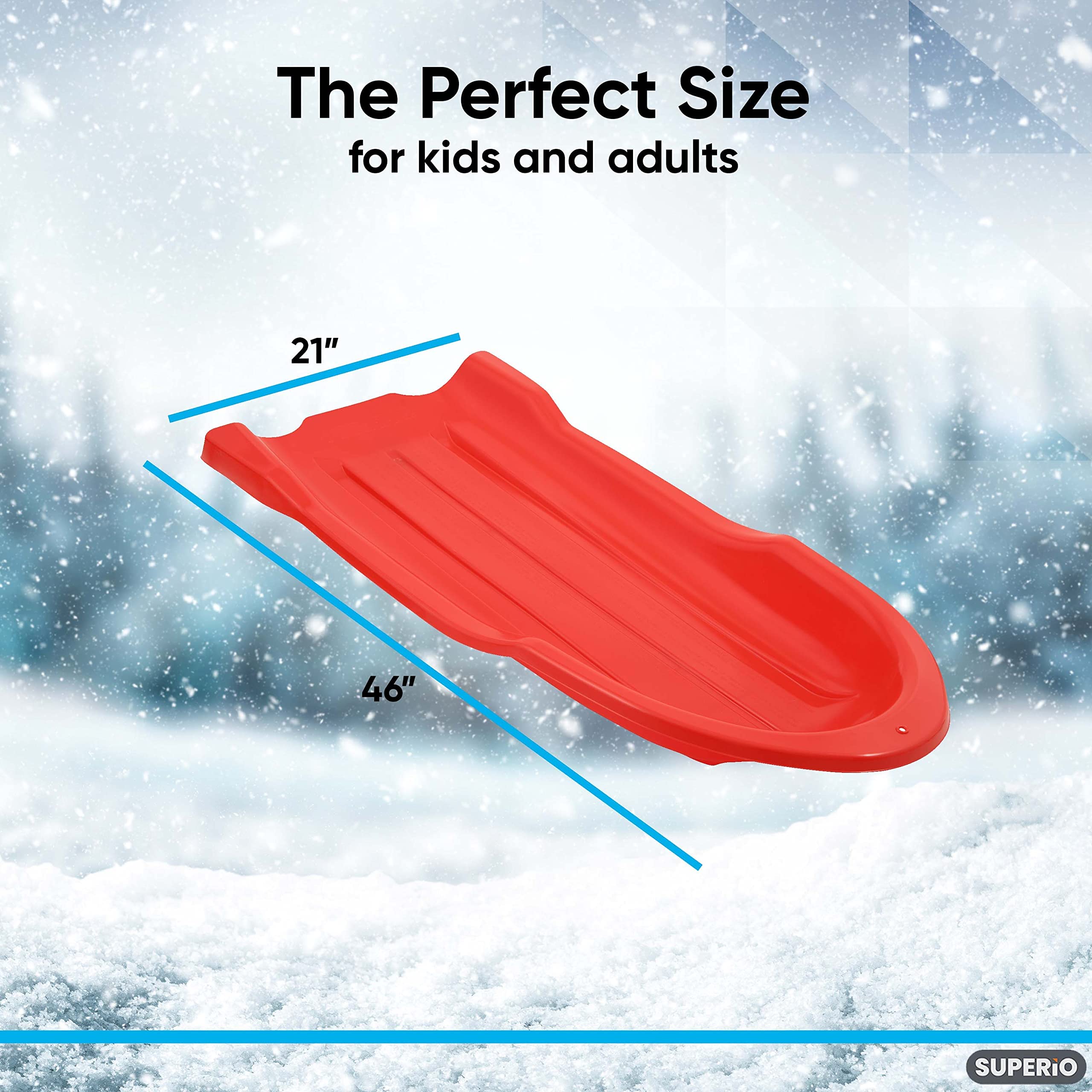 Superio Toboggan Snow Sleds, 4 Pack- 46β Plastic Open Back Slider for Kids and Adults- Heavy Duty Sleds with Holes for Pull Ropes (Ropes Excluded) for Downhill Sledding, Winter Outdoor Sports, (Red)