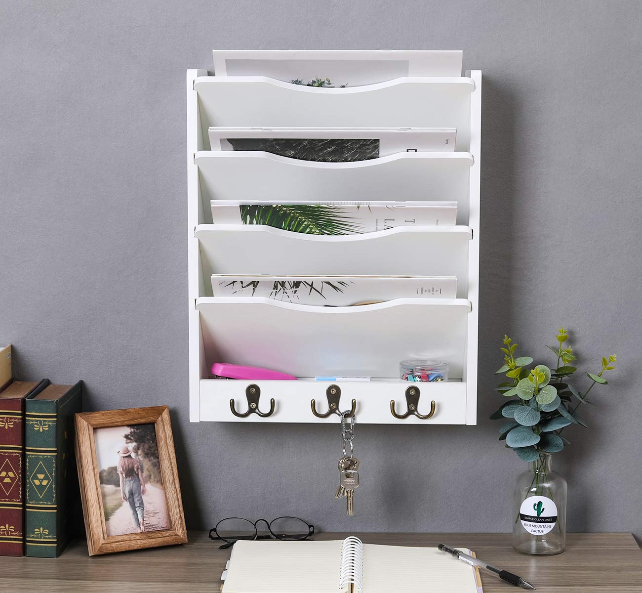 PAG 5-Tier Wall File Holder Hanging Mail Organizer Wood Magazine Literature Rack with 6 Hooks, White