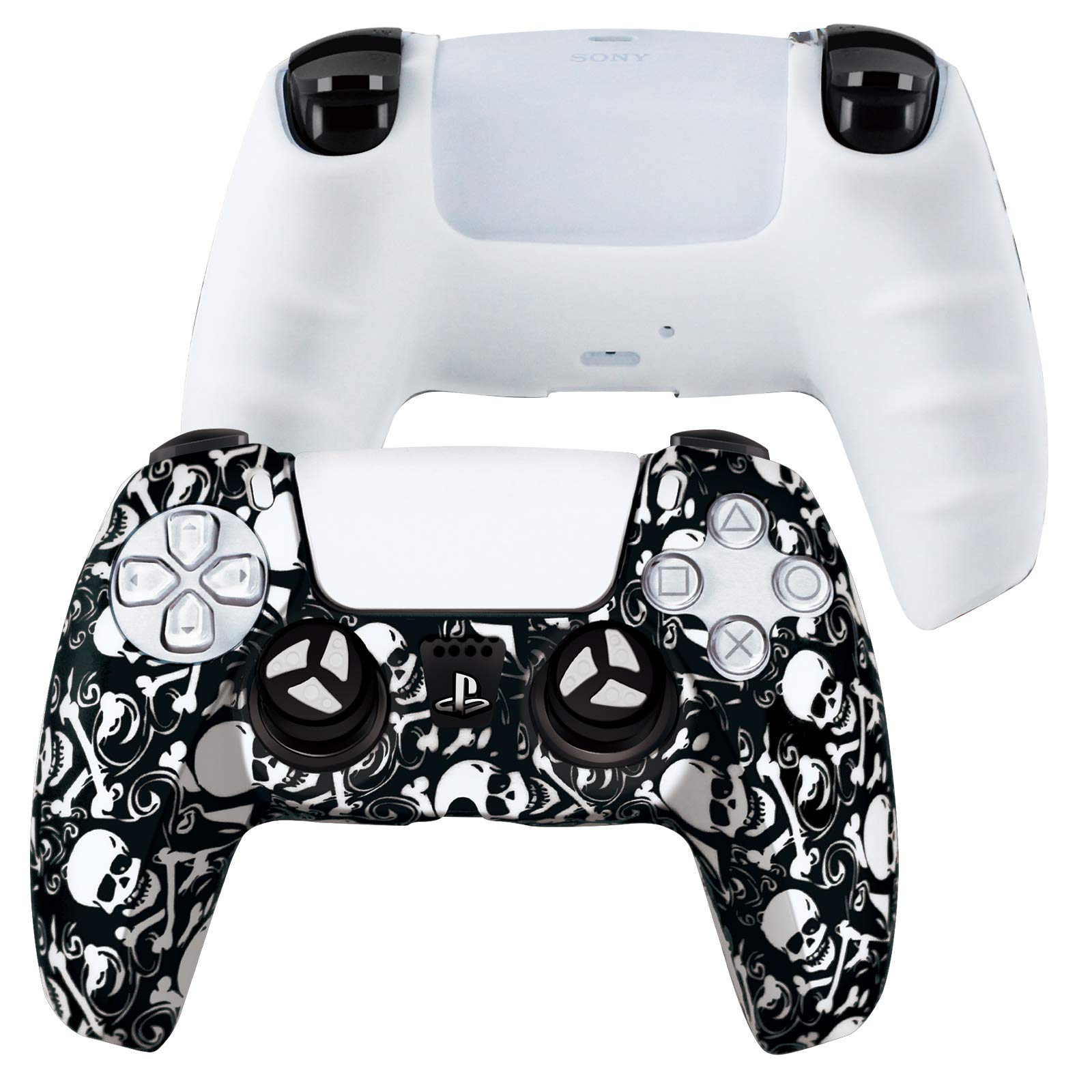 SIKEMAY Silicone Printing Cover Skin for PS5 Controller Grip, Protective Case for Playstation 5 Accessories with 10 Thumb Grip Caps(Dark Skull)