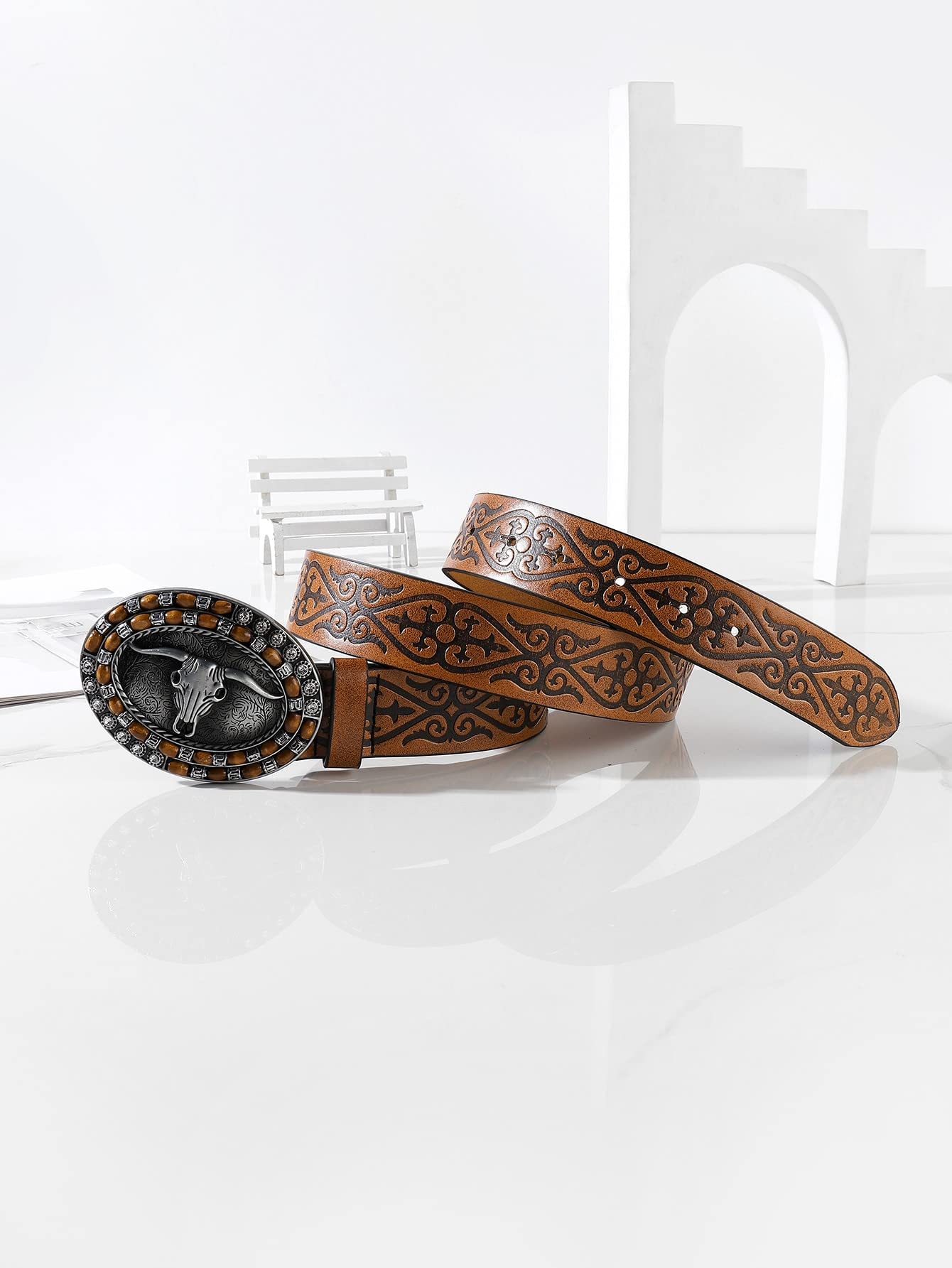 Verdusa Women's Vintage Western Leather Buckle Belt Bull Brown one-size