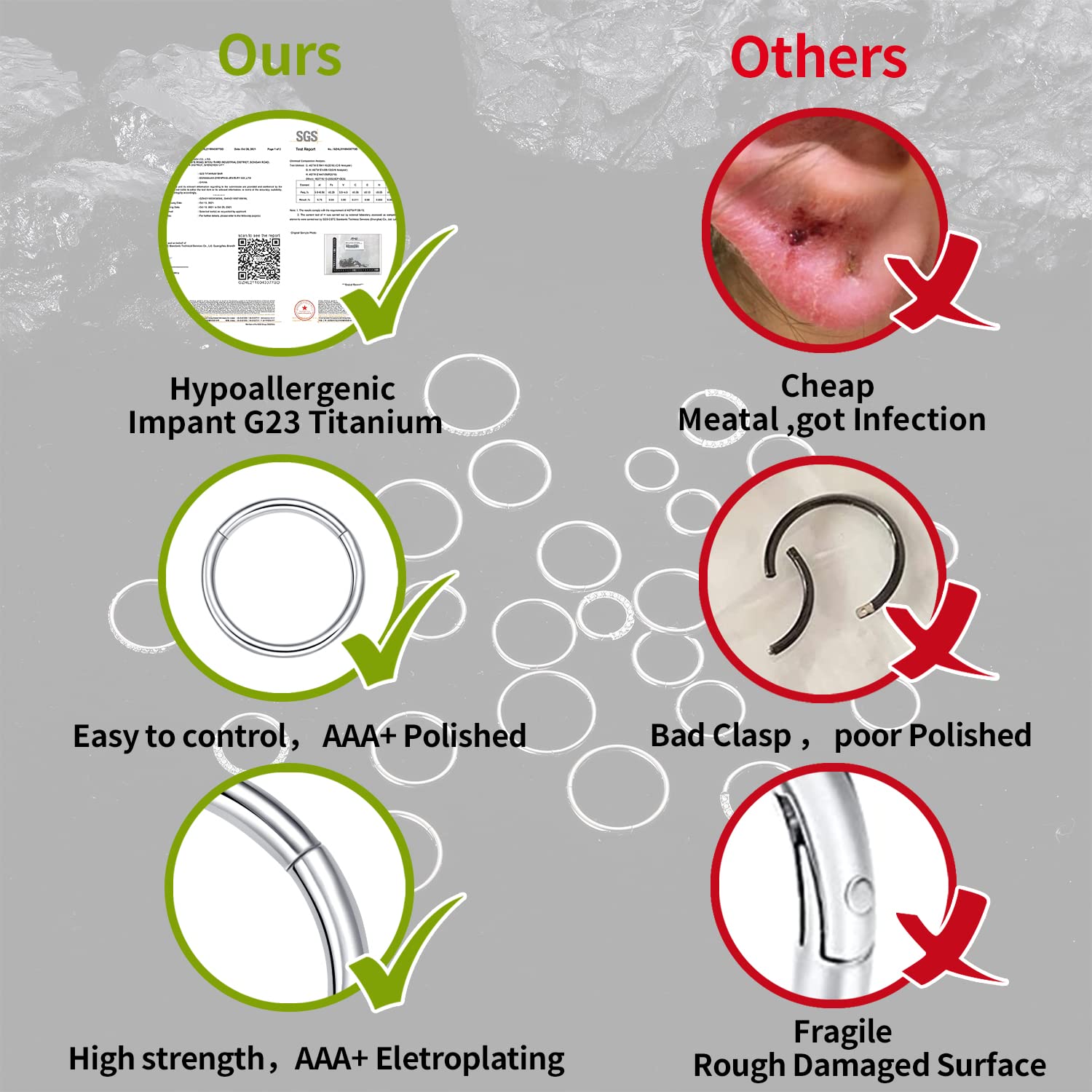 VOJO 2PCS Septum Hoop Daith Piercing Jewelry G23 Titanium for Nose Helix Conch Tragus Sensitive Ears 16/18G Rook Lip Hoop Ring (CZ+ Segment Ring,16G 6mm+8mm)