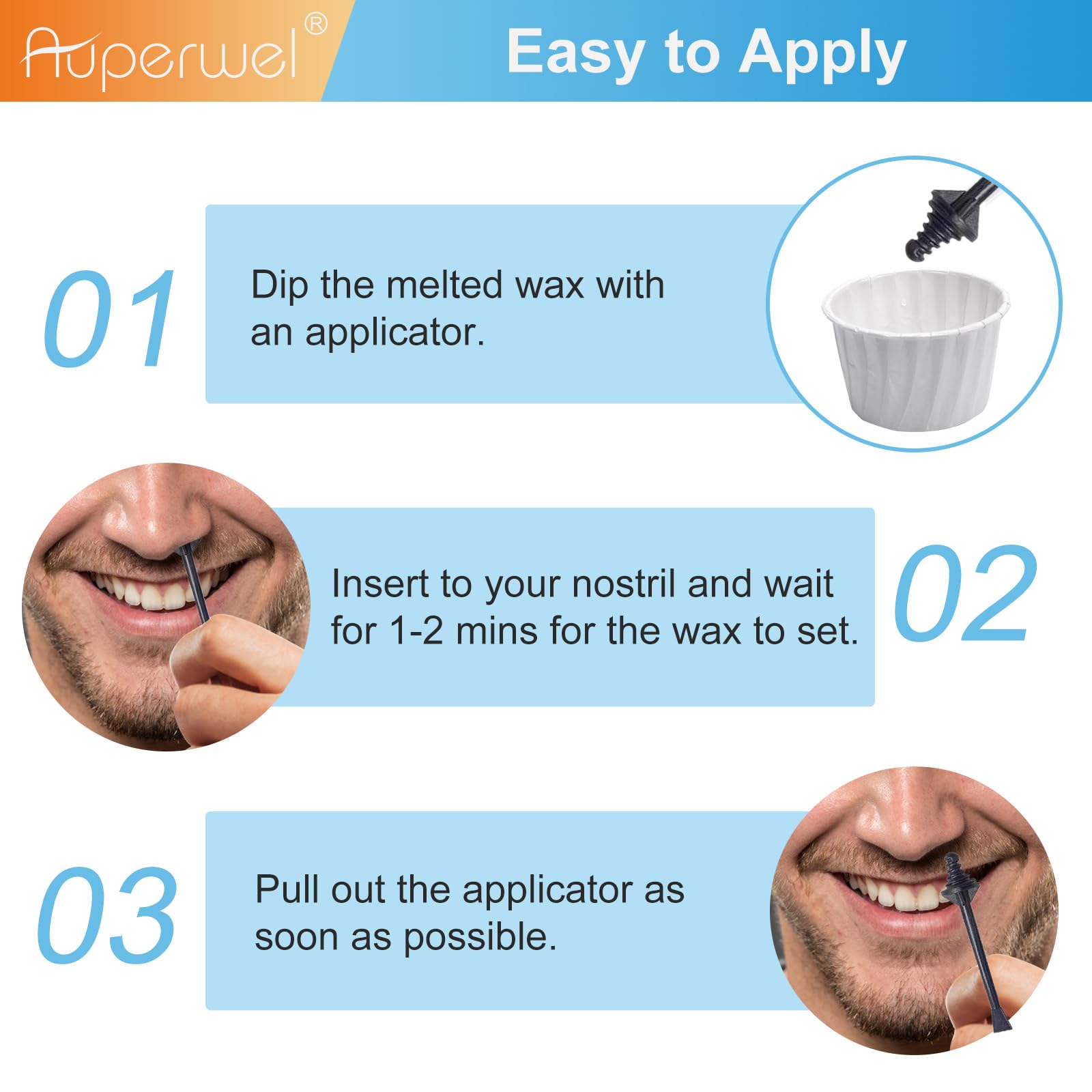 Nose Wax Kit, Auperwel Nose Ear Hair Instant Removal Kits 15-20 Times Usage, Nostril Waxing Kit for Men Women, Safe Easy Quick, 100g Wax, 20 Black Stcik Applicator, 15 Mustache Guards, 10pcs Paper Cup