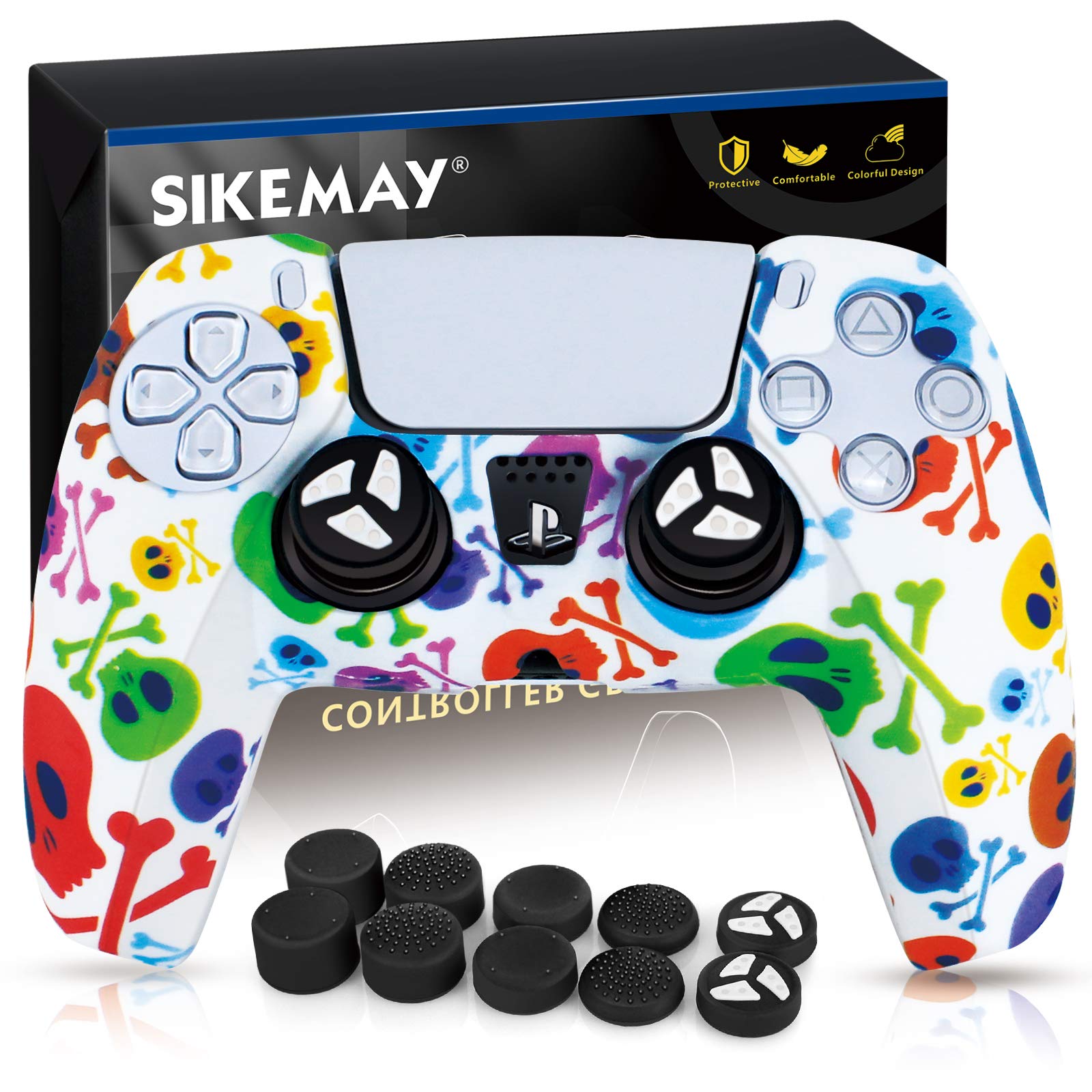 SIKEMAY Silicone Printing Cover Skin for PS5 Controller Grip, Protective Case for Playstation 5 Accessories with 10 Thumb Grip Caps(Colorful Skull)
