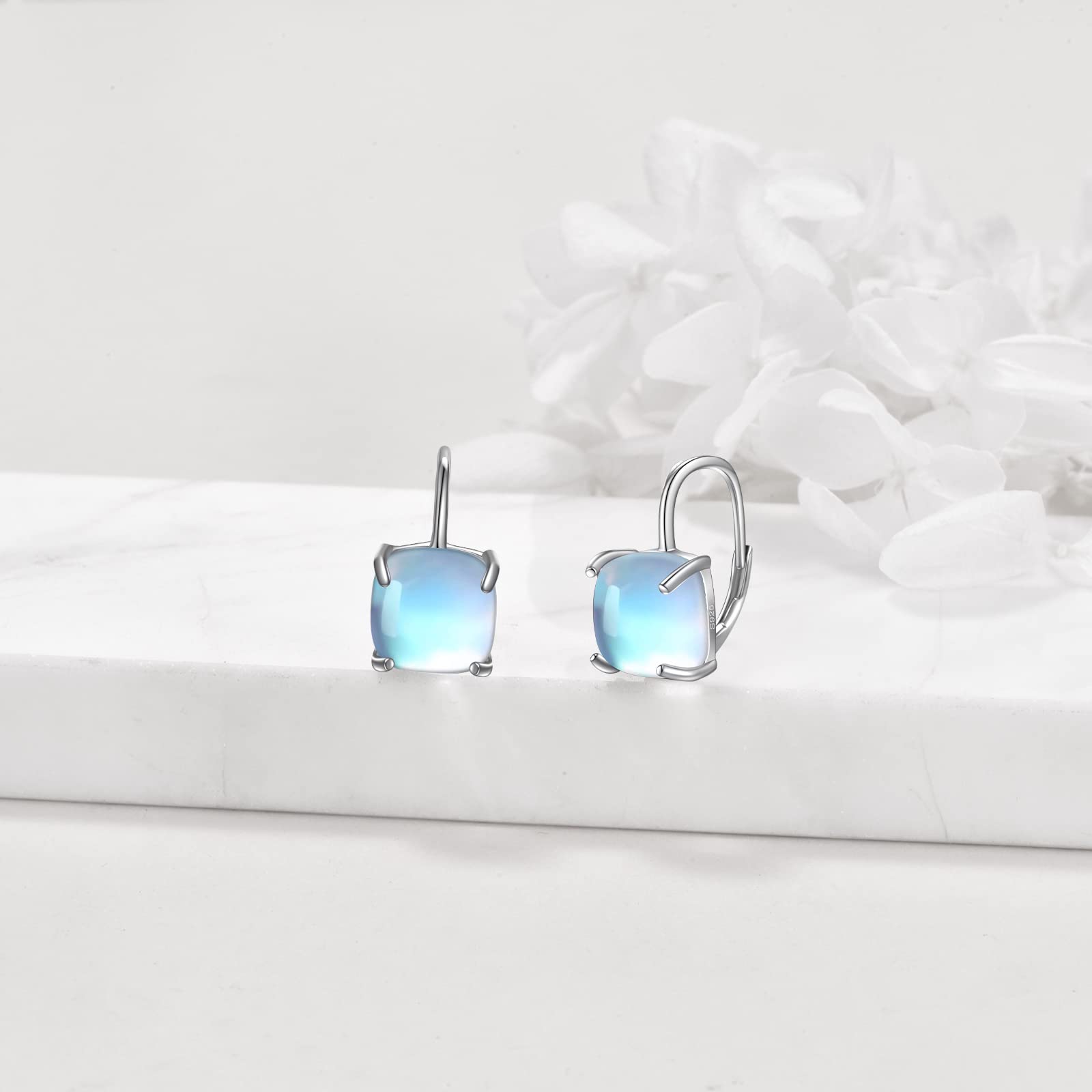 VONALA Moonstone Earrings 925 Sterling Silver Square Hoop Earrings Leverback Earrings for Women Birthday