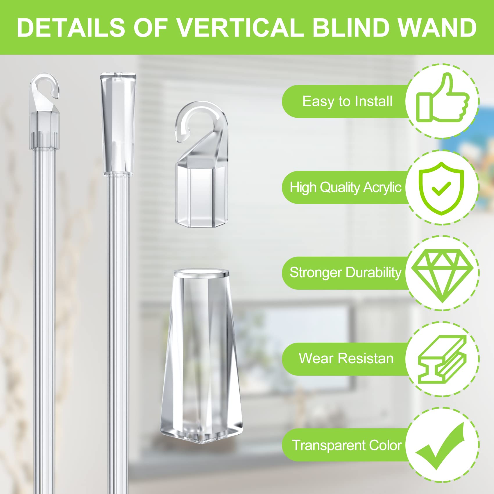 PAGOW 6Sets Vertical Blind Wand, 12 Inches Transparent PVC Blind Tilt Wand with Hook and Handle, Blind Rod Opener Long Window Blind Stick Replacement Parts