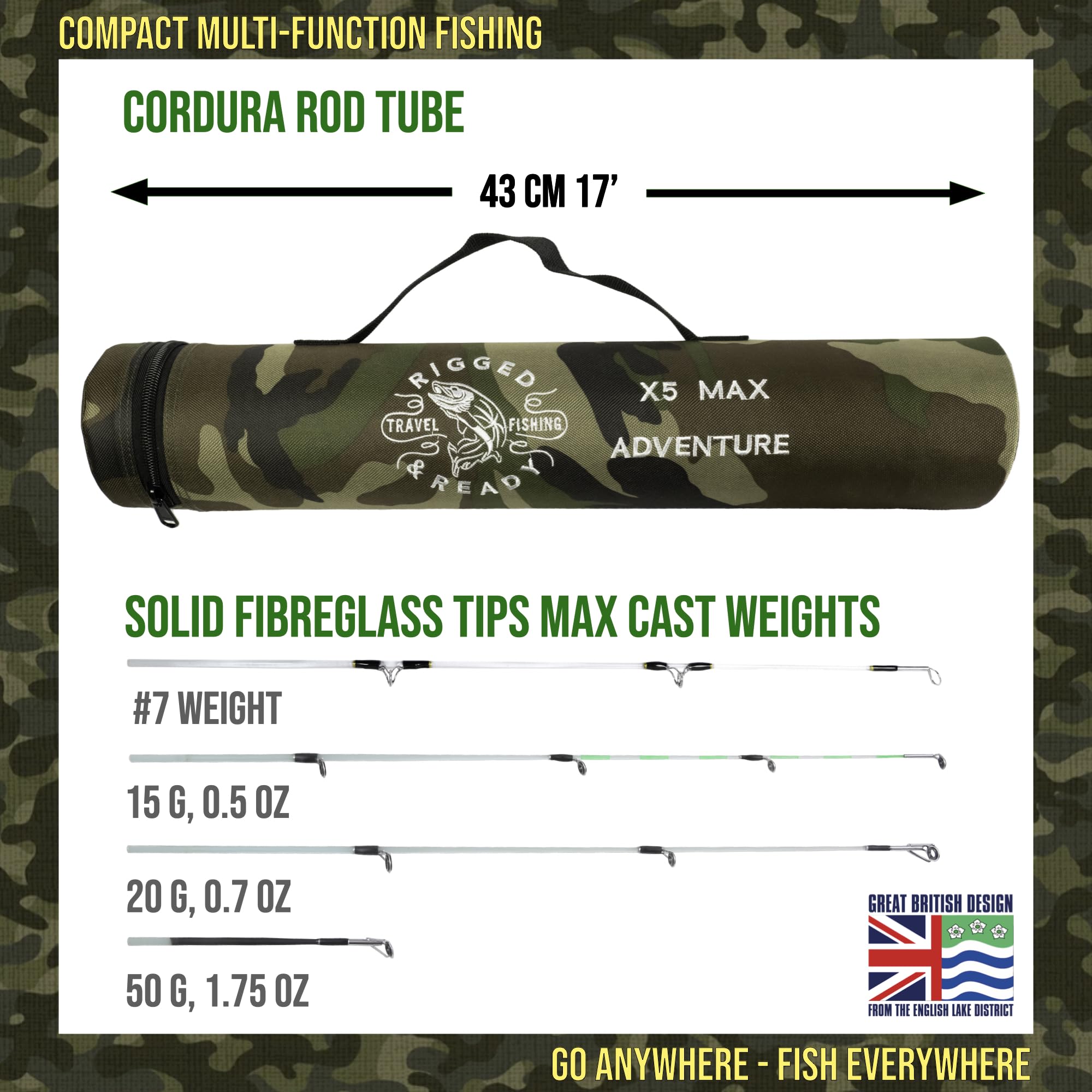 Rigged and Ready X5 MAX Powerful Travel Fishing Rod Super Compact, Multi-Functional Travel Rod. 1 Rod 9 Combinations. 2.70m (8.9β), 2.45m (8β), 2.25m (7.4β) Lengths. Compact 43cm 16.5β Carry Case.
