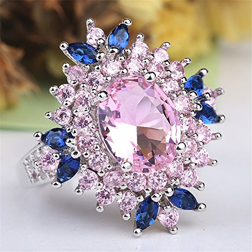 PAMTIER Women's Stainless Steel Pink Flower Ring with Zircon Gemstone Size 7