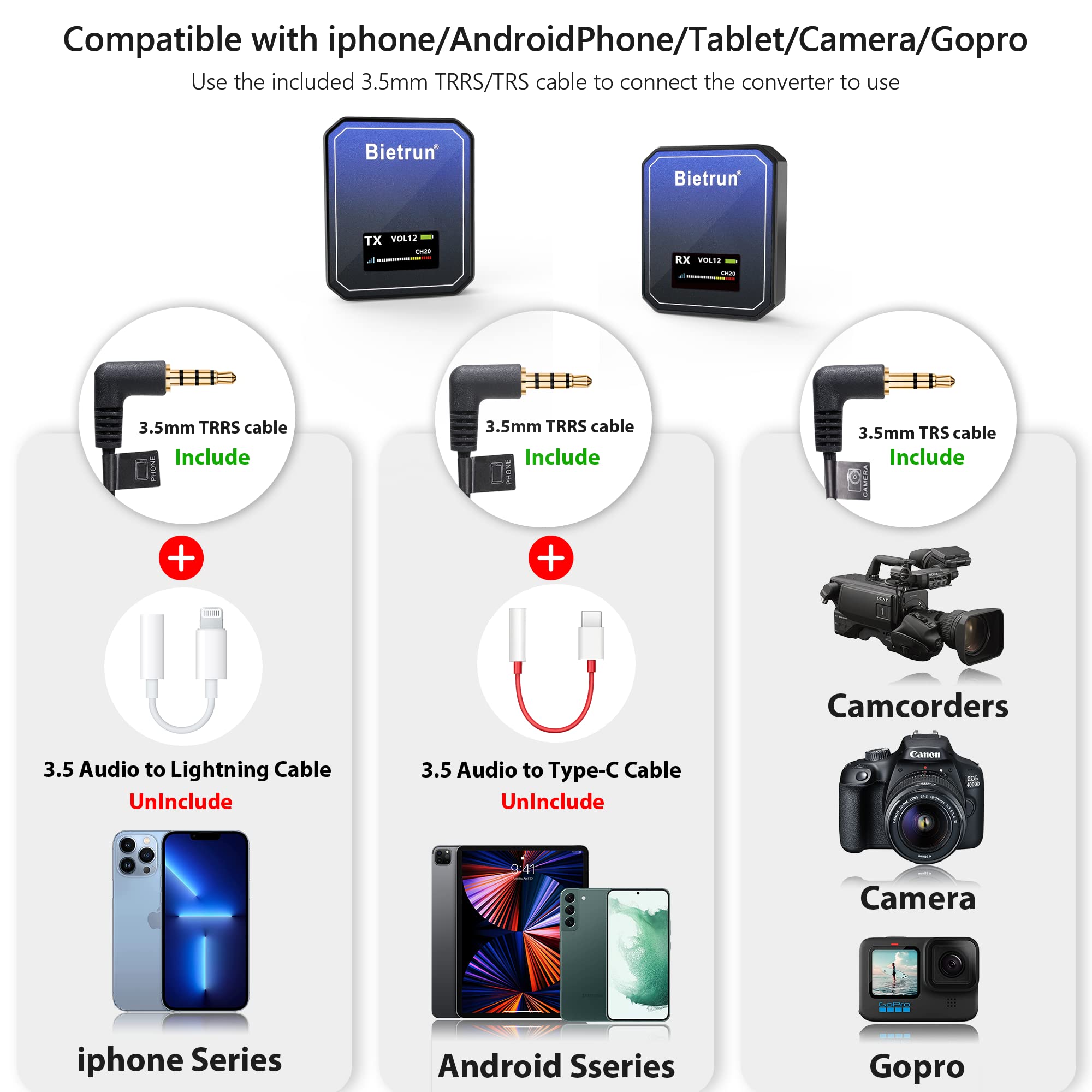 Portable Wireless Lavalier Microphone for iPhone, Camera, Android, Gopro 6/7/8/9/10,Gain Adjustment&Mute,Wireless Lapel Clip On Mic System for Video Recording,YouTube,Vlog(164 ft Range)with Windshield